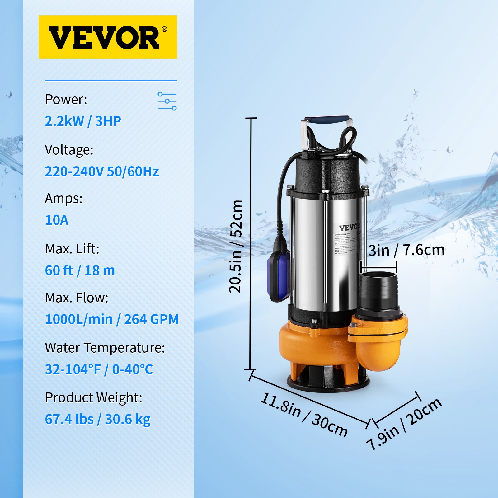 VEVOR VEVOR Submersible Water Pump Dirty Water Pump 2200W for Flood ...