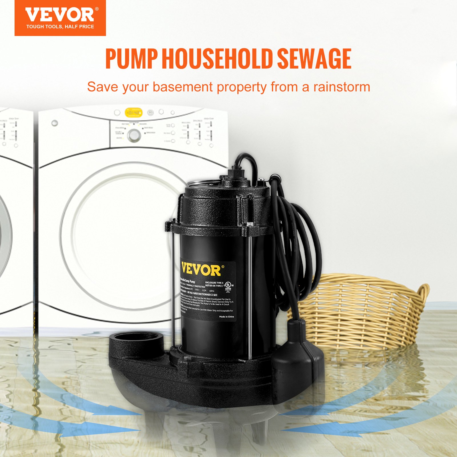 VEVOR Sewage Pump, 3/4 HP 5880 GPH 1050W, Submersible Cast Iron Ejector ...