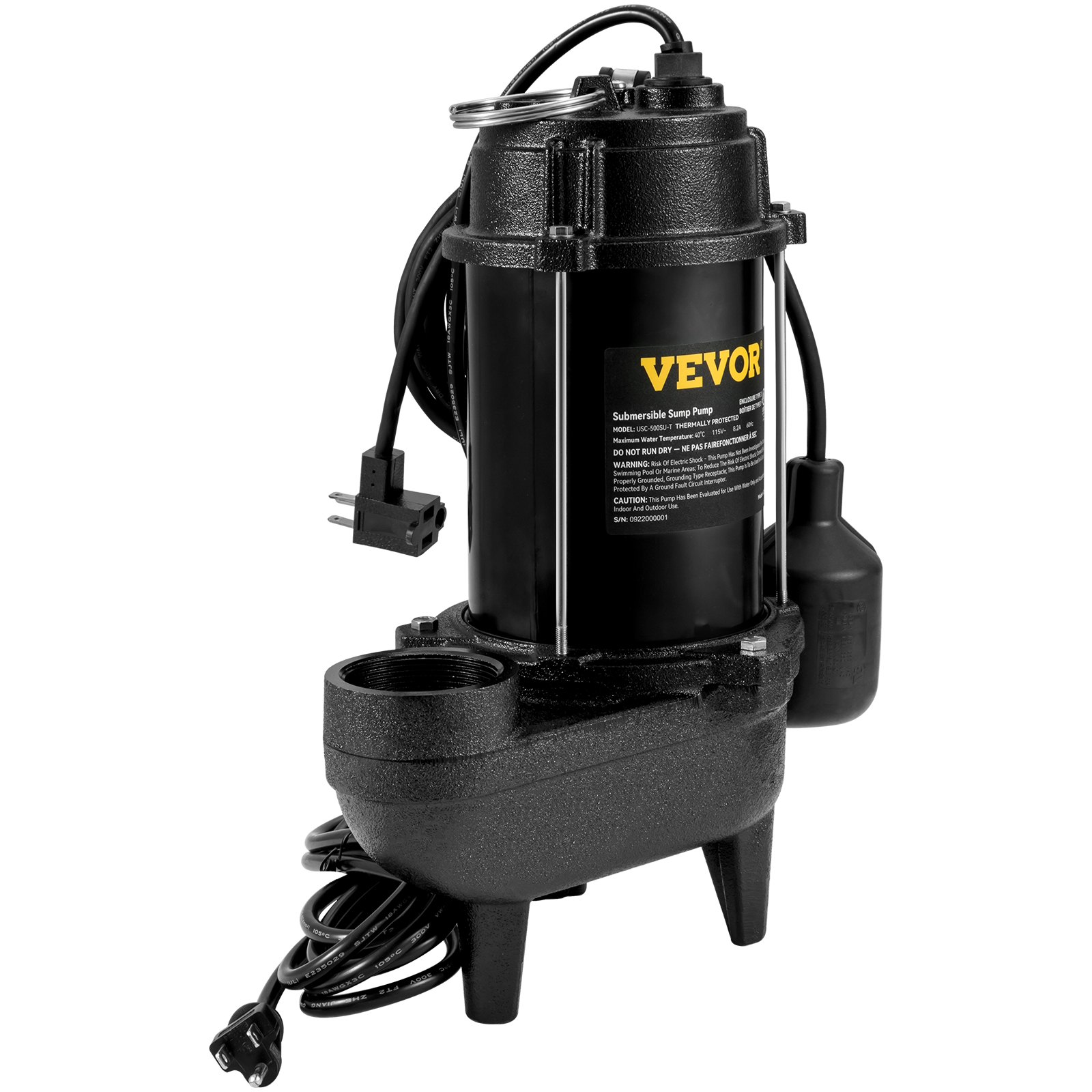 VEVOR Sewage Pump, 3/4 HP 5880 GPH 1050W, Submersible Cast Iron Ejector ...