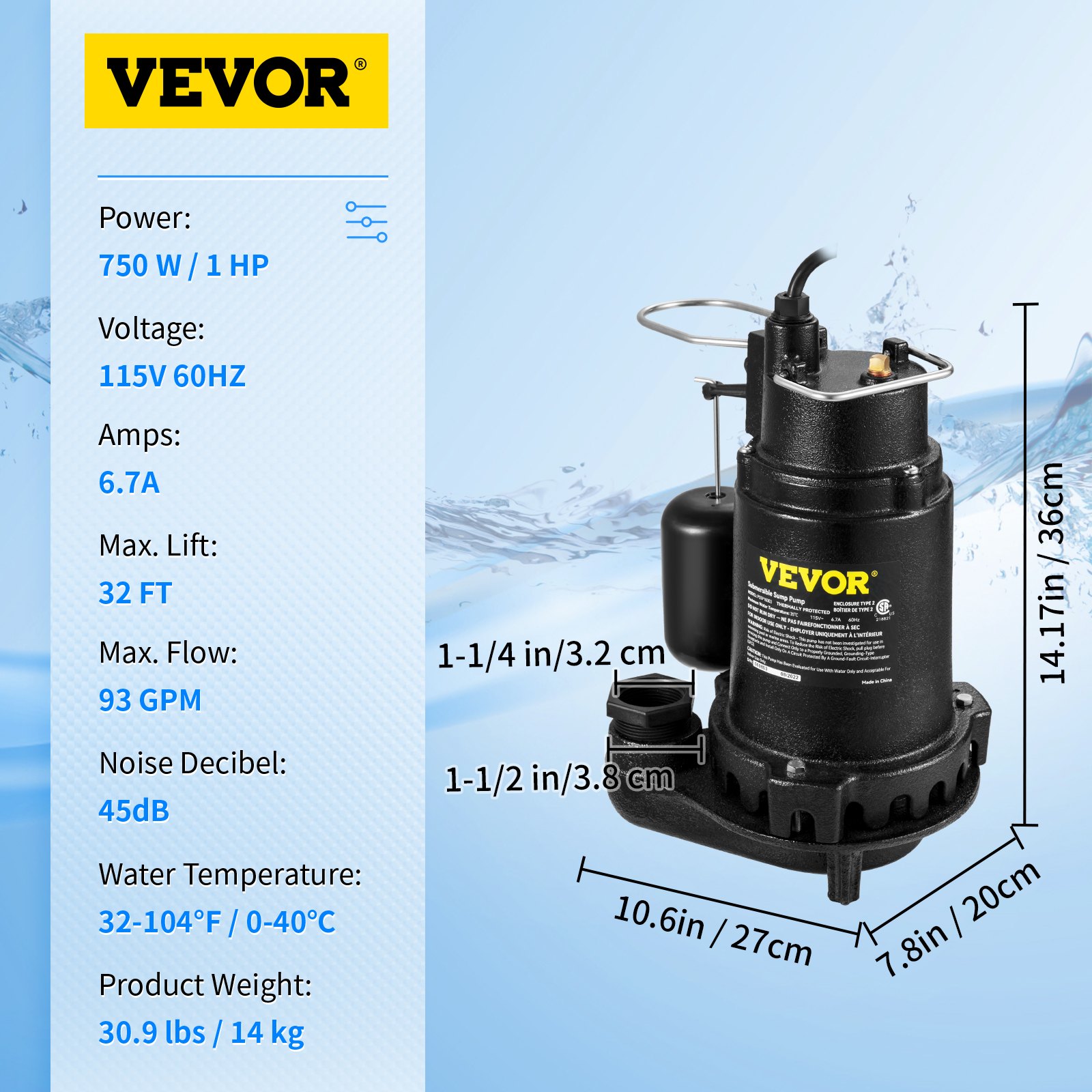 VEVOR 1HP Sewage Pump, 5600 GPH Cast Iron Submersible Sump Pump with ...