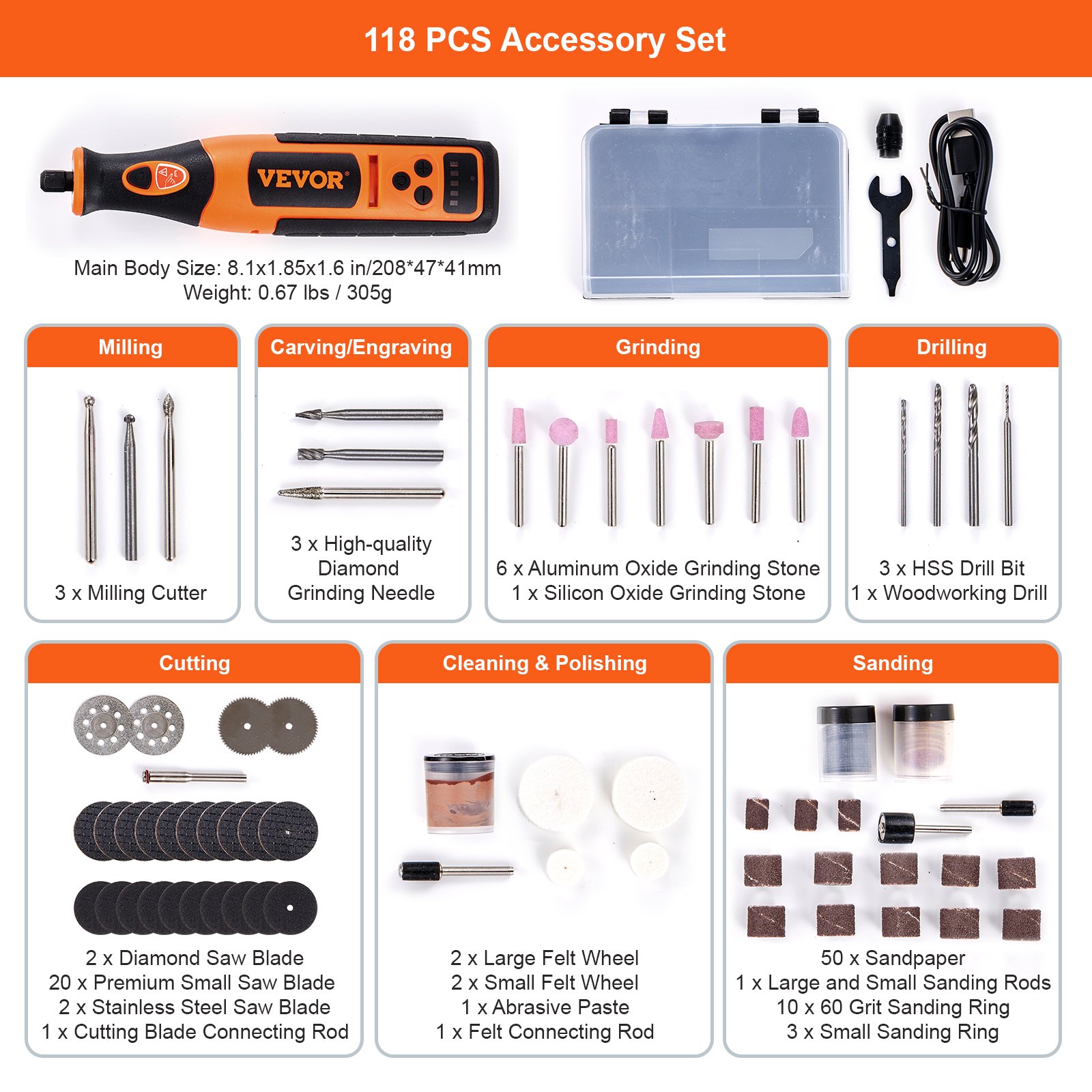 VEVOR Rotary Tool Kit Variable Speed Rotary Tool 118 PCS for Grinding ...
