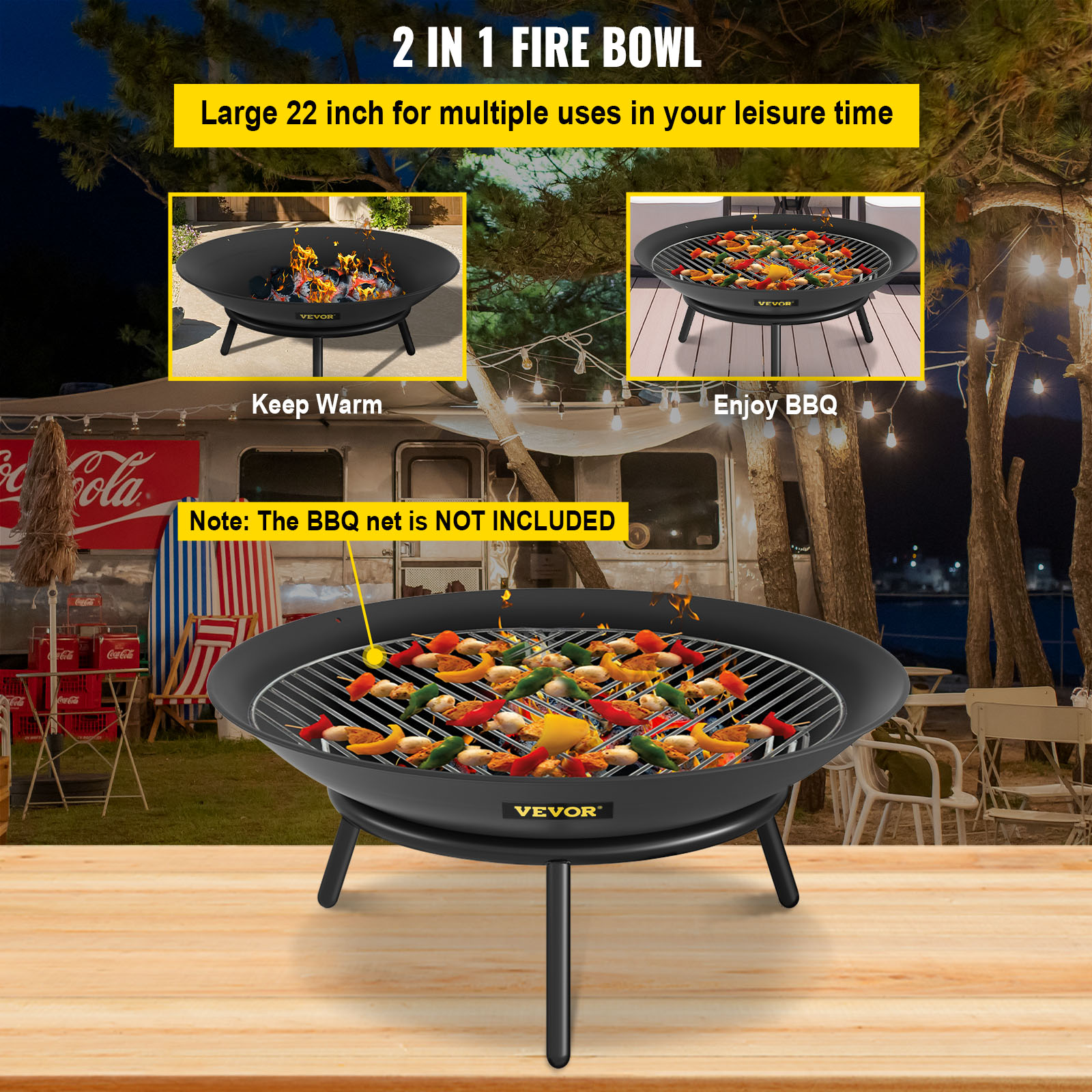 VEVOR Fire Pit Bowl Round Fire Pit 22-Inch Carbon Steel Outdoor Patio ...