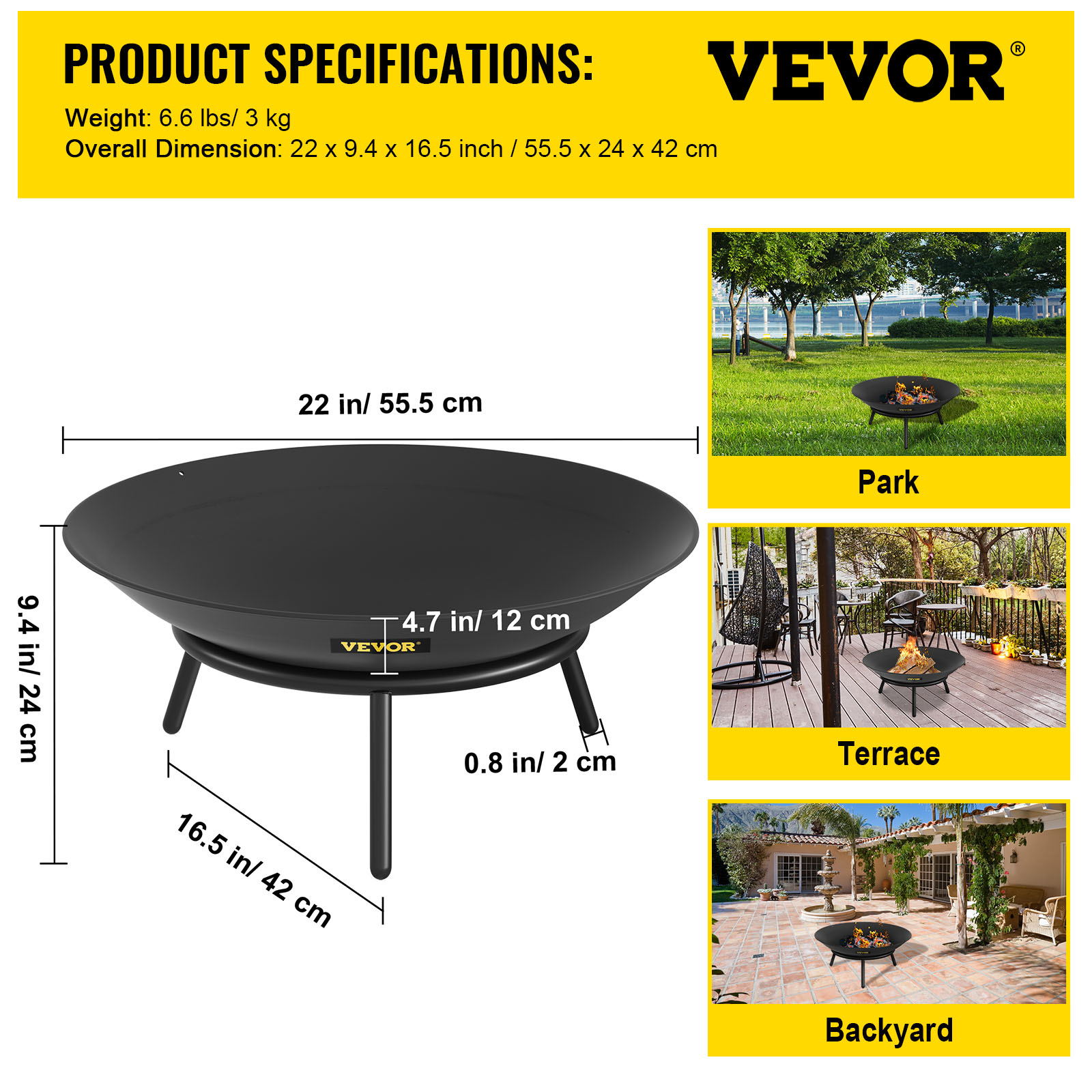 VEVOR Fire Pit Bowl Round Fire Pit 22-Inch Carbon Steel Outdoor Patio ...