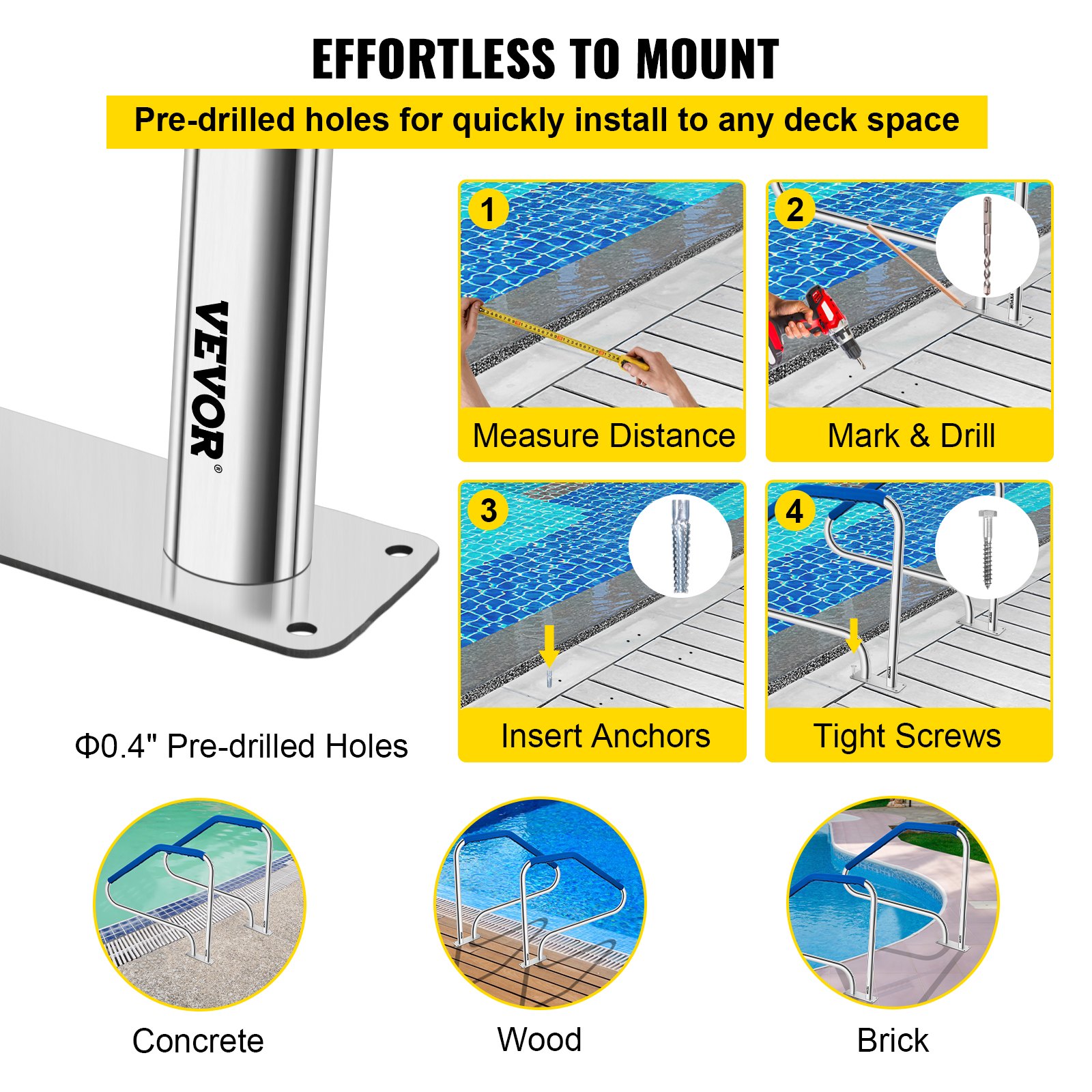 VEVOR Pool Handrail, 49.4" x 34" Swimming Pool Stair Rail, 304 ...