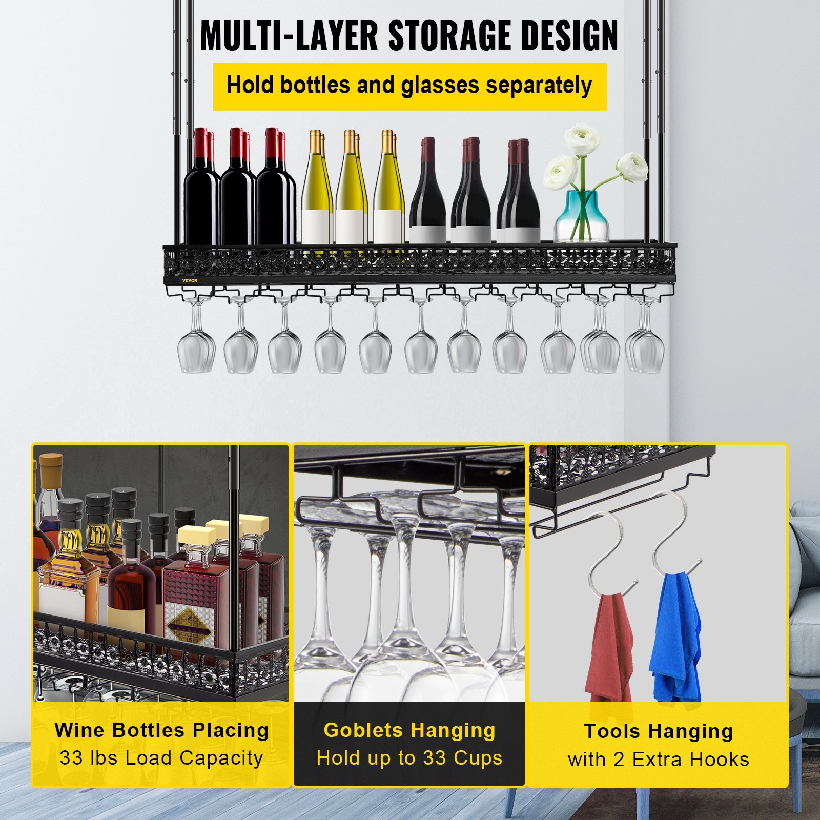 VEVOR Ceiling-Mounted Bar Wine Rack Wine Glass Hanging Rack 46.9x13in ...