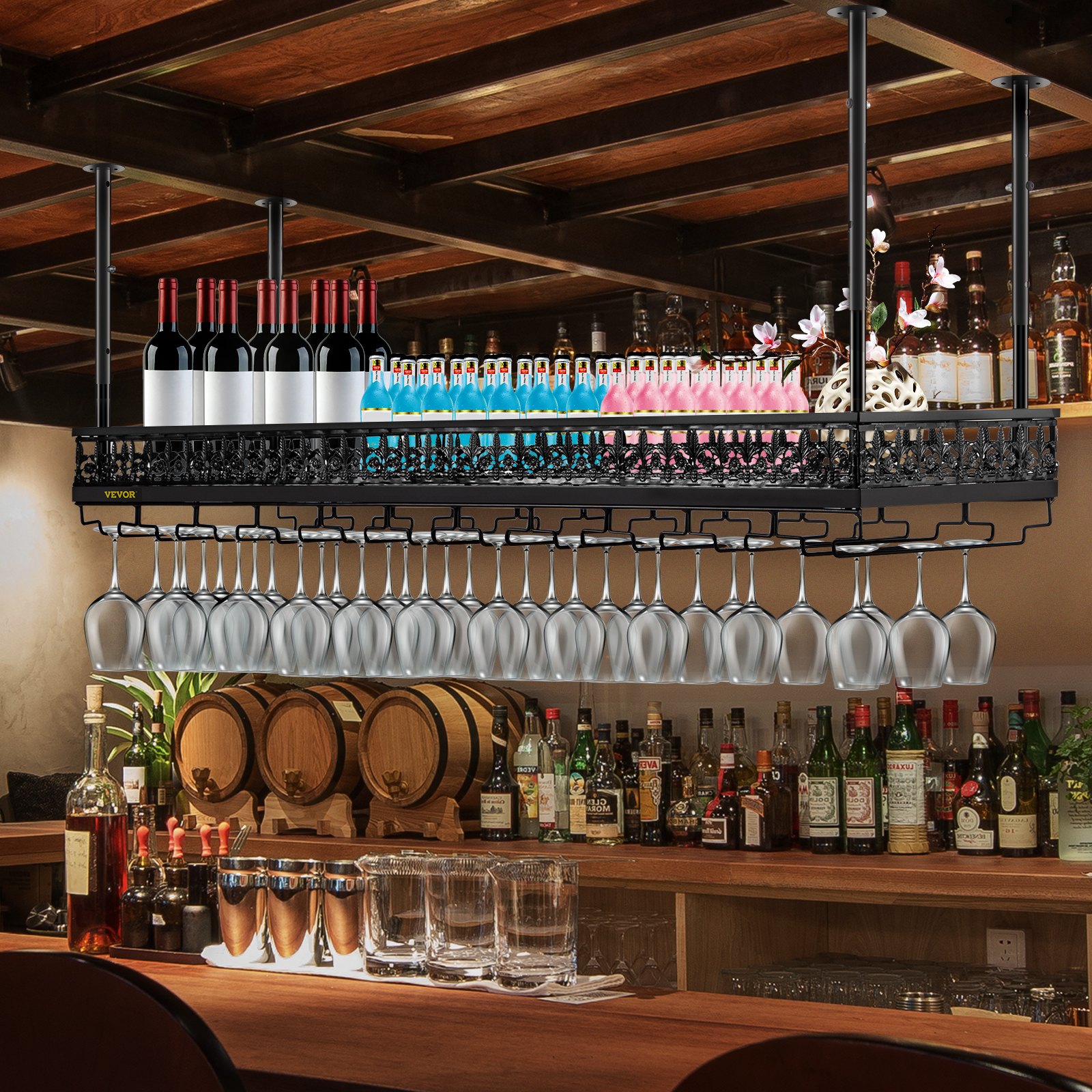 VEVOR Ceiling Wine Glass Rack, 46.9 x 13 inch Hanging Wine Glass Rack ...