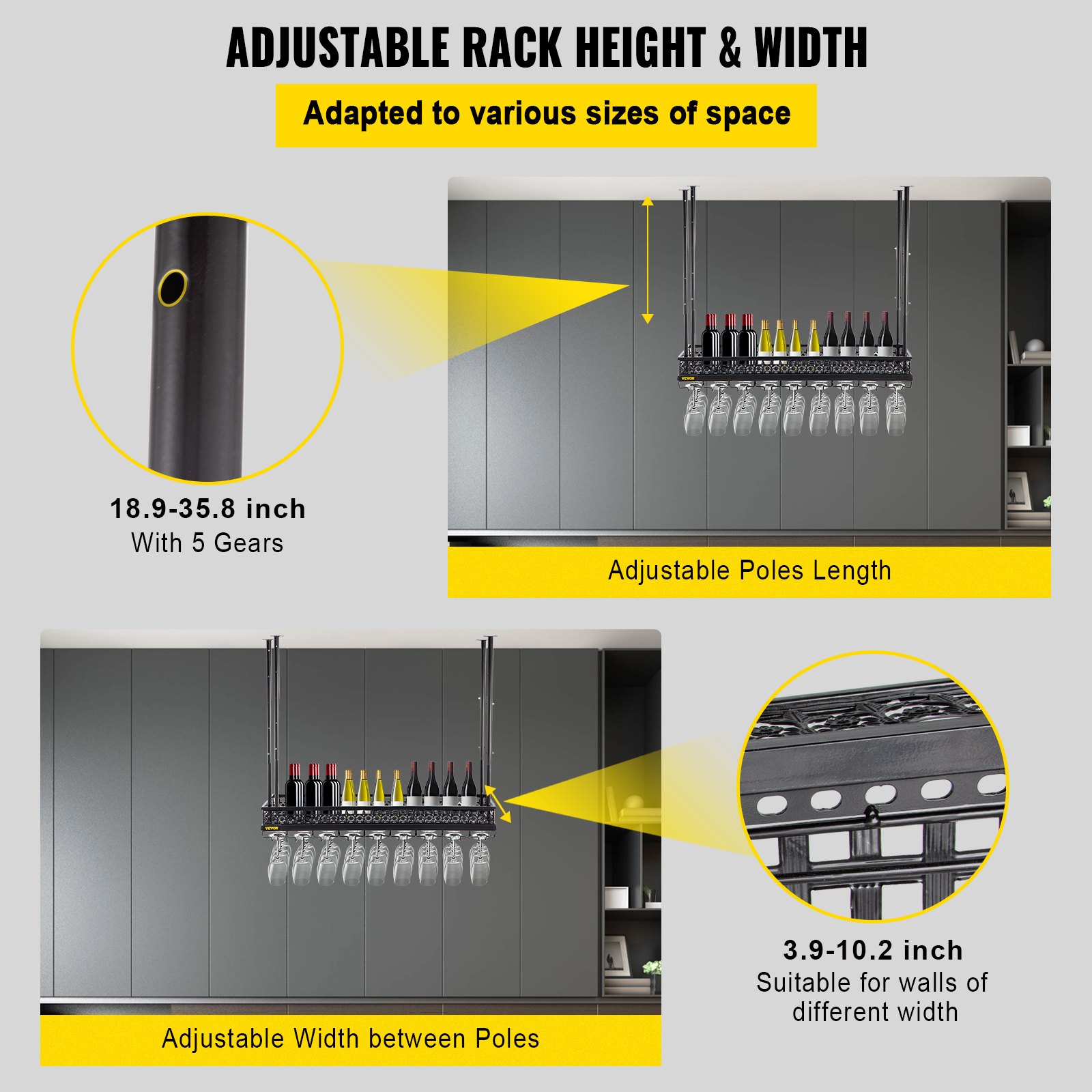 VEVOR Ceiling-Mounted Bar Wine Rack Wine Glass Hanging Rack 35.8x13in ...