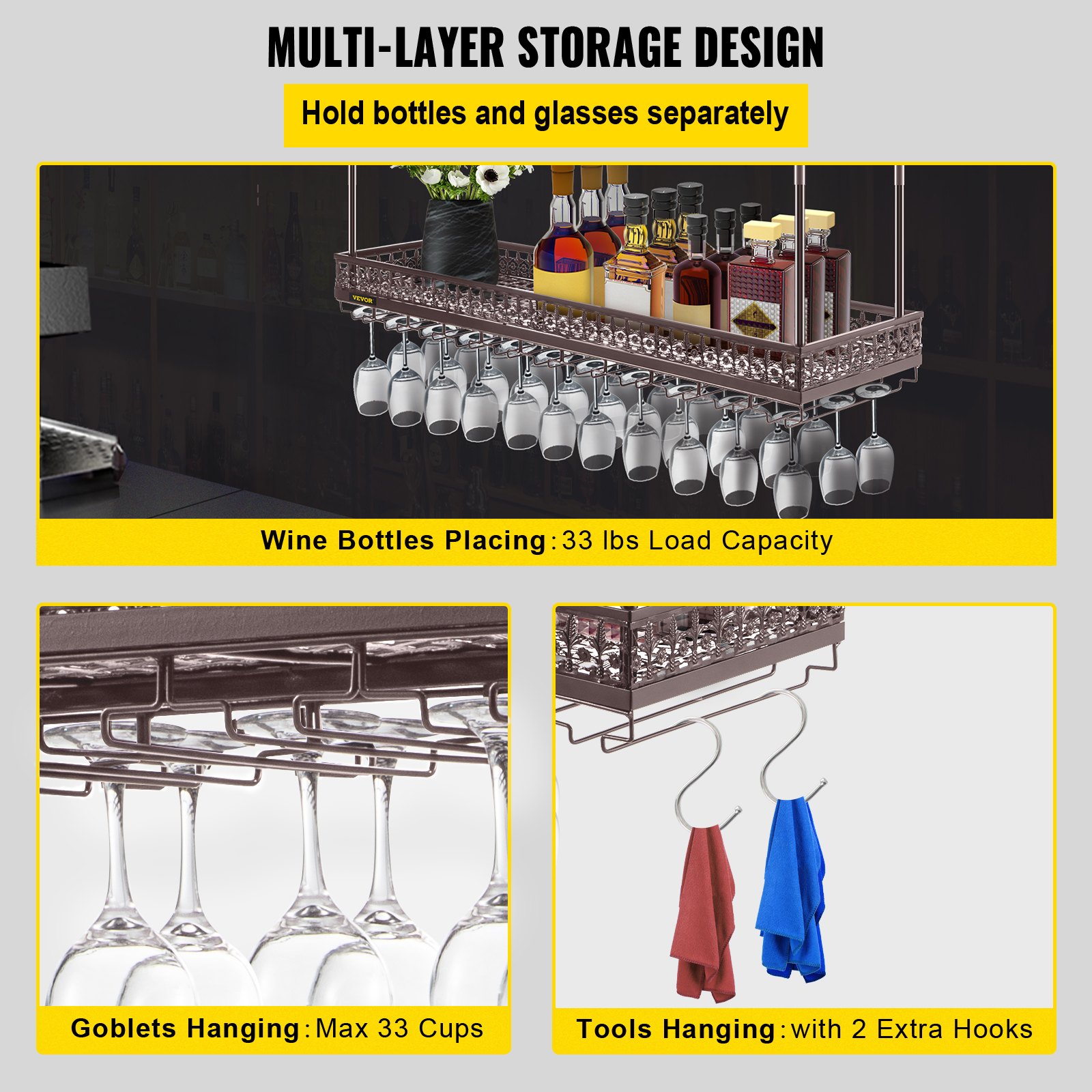 VEVOR Ceiling-Mounted Bar Wine Rack Wine Glass Hanging Rack 46.9x13in ...