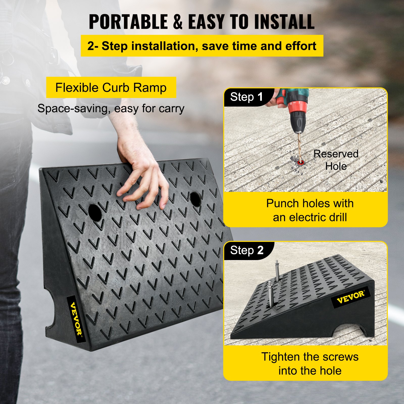 VEVOR Rubber Curb Ramp, 4.3" Rise Height 2 Pack, Heavy-Duty 6800 lbs/3 T Capacity Threshold ...