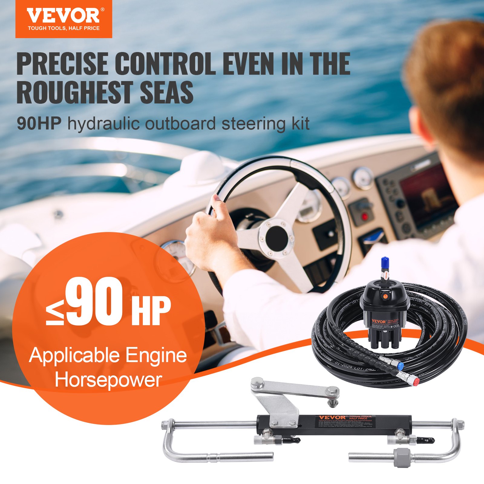 Hydraulic Outboard Steering System Kit 90HP Marine Cylinder Helm Tubing ...