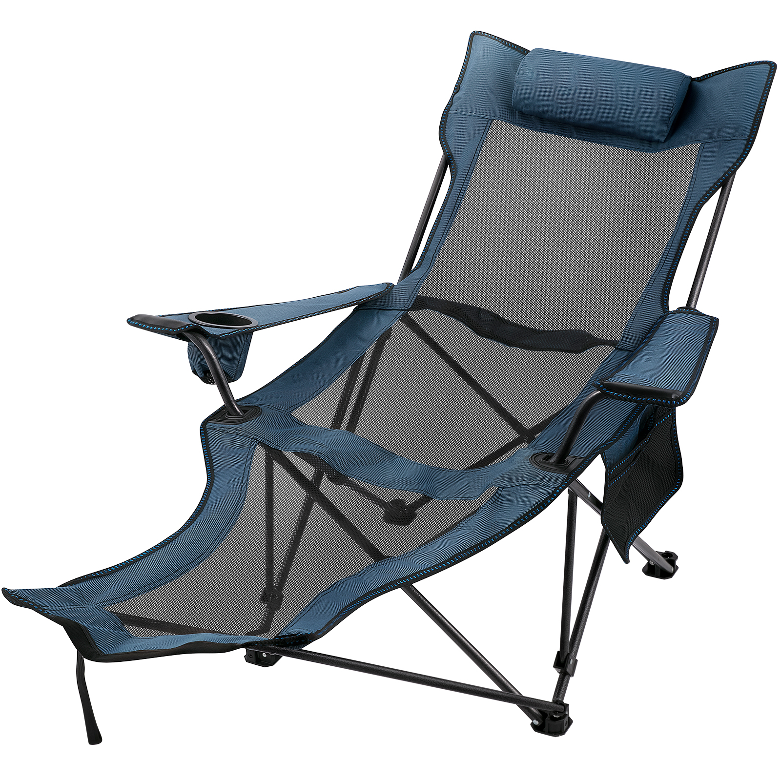 Blue Reclining Folding Camp Chair with Footrest Mesh Lounge Chaise ...