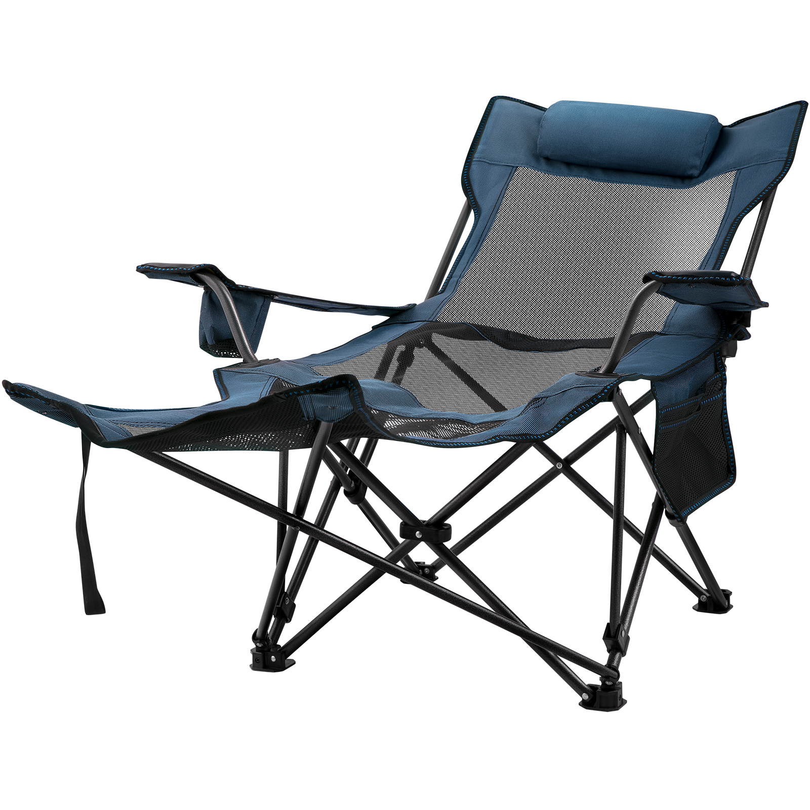 Blue Reclining Folding Camp Chair with Footrest Mesh Lounge Chaise ...