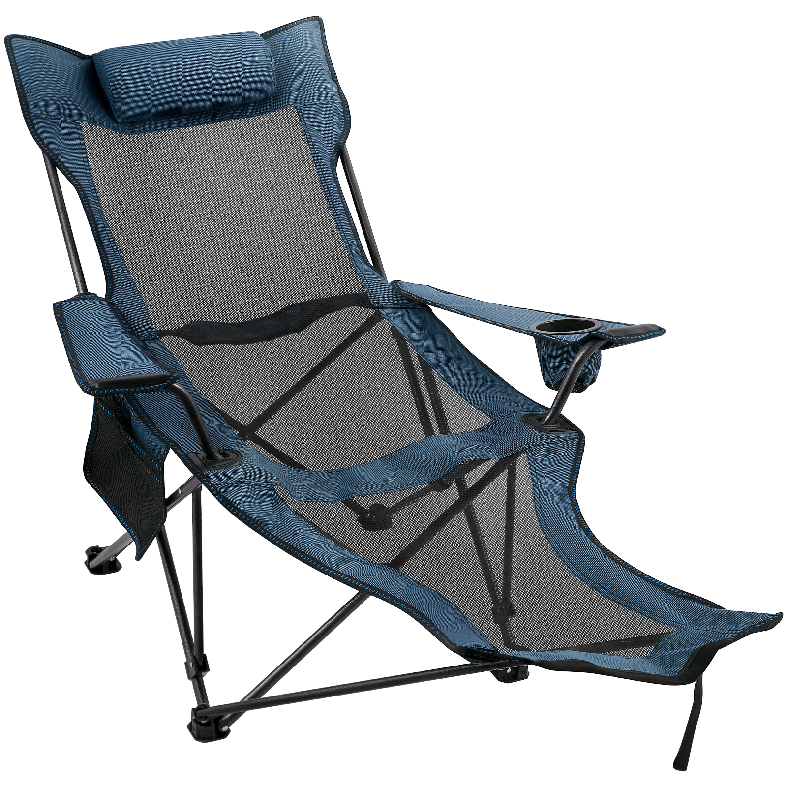 Blue Reclining Folding Camp Chair with Footrest Mesh Lounge Chaise ...
