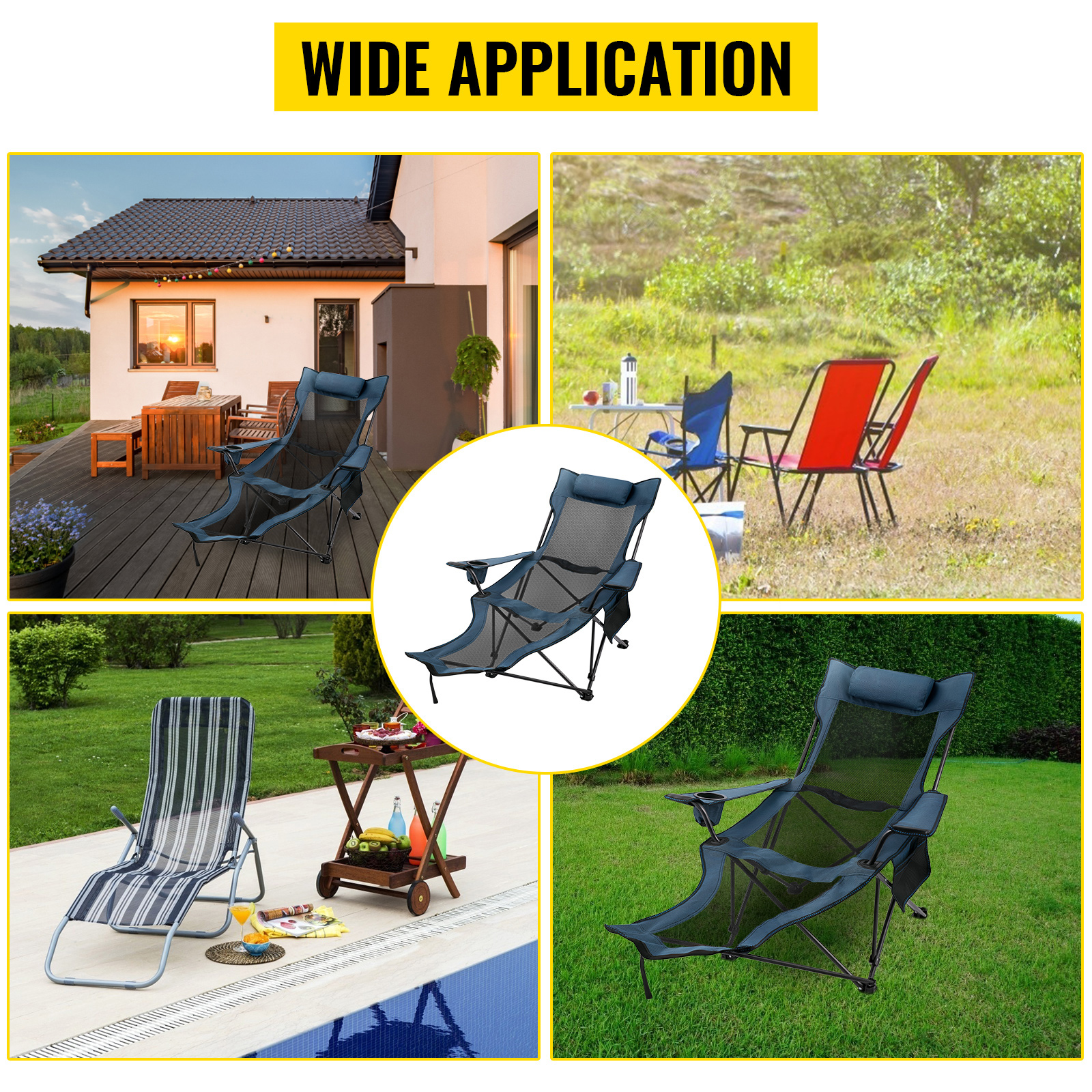 Blue Reclining Folding Camp Chair with Footrest Mesh Lounge Chaise ...