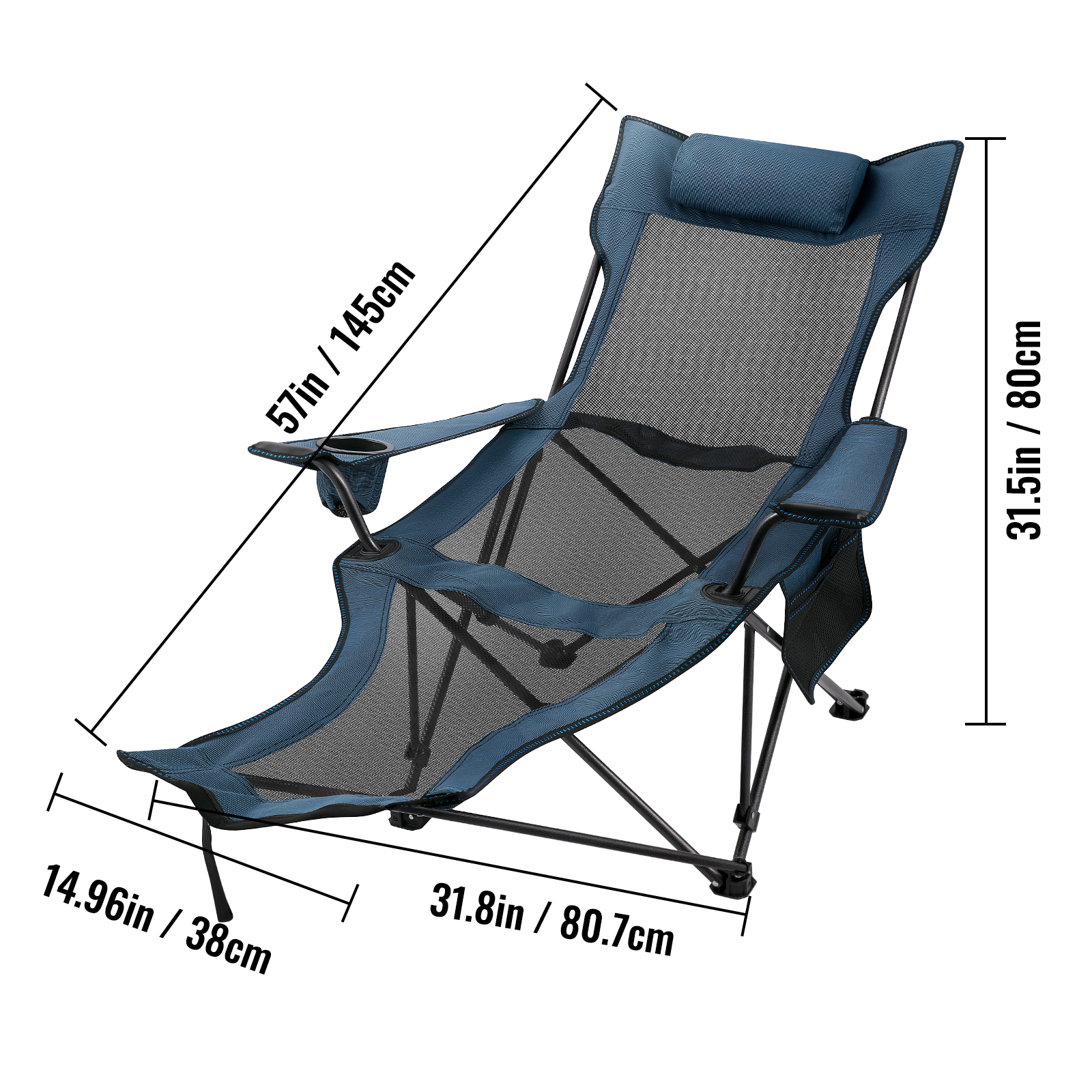 Blue Reclining Folding Camp Chair with Footrest Mesh Lounge Chaise ...