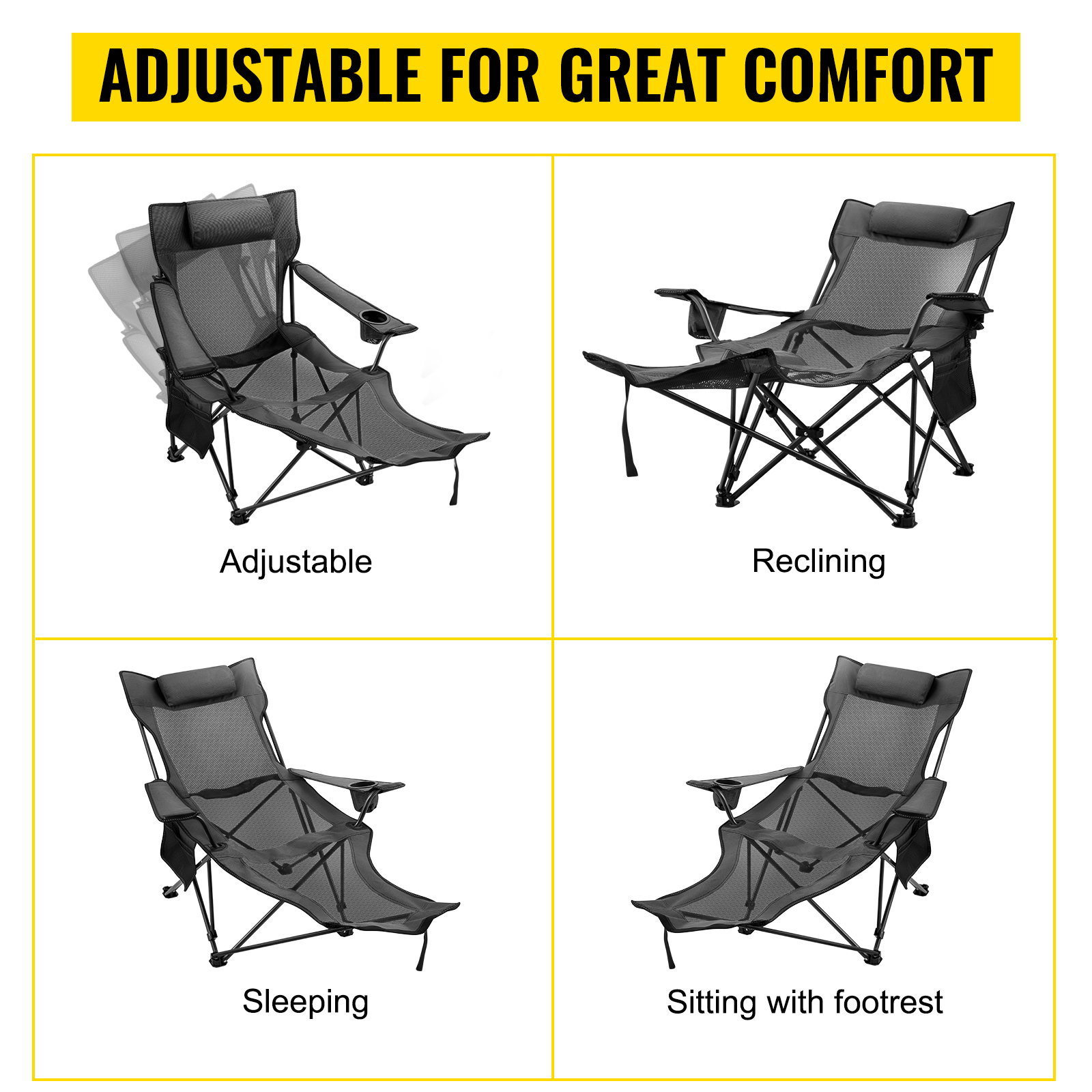 Gray Reclining Folding Camp Chair with Footrest Mesh Lounge Chaise ...