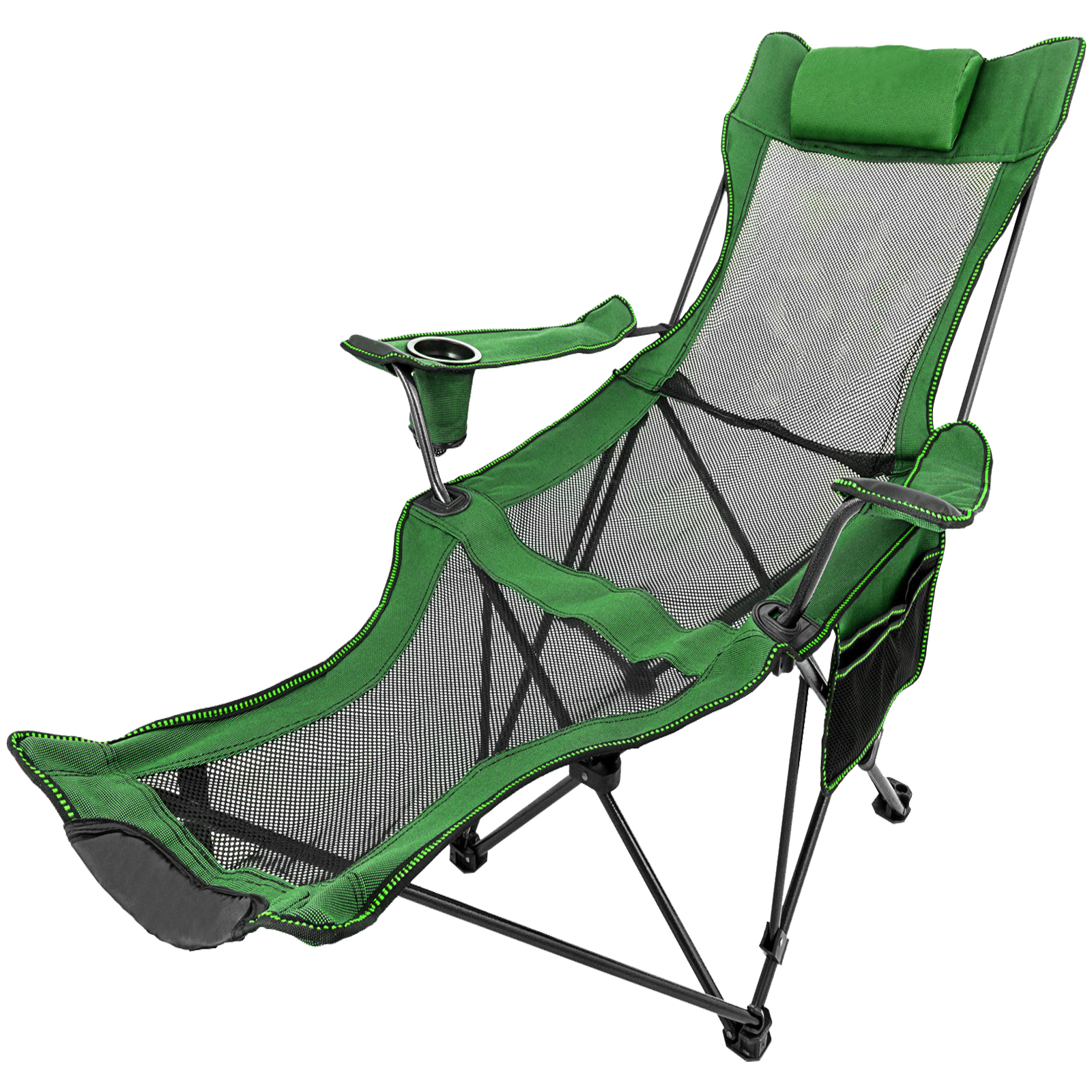 Green Reclining Folding Camp Chair with Footrest Mesh Lounge Chaise ...