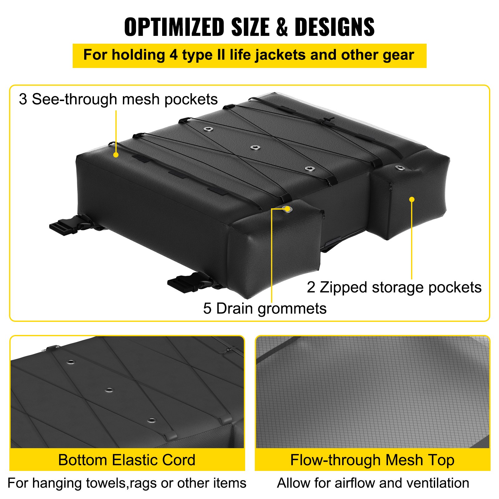 VEVOR T-Top Storage Bag, for 4 Type II Life Jackets, w/ a Boat Trash ...