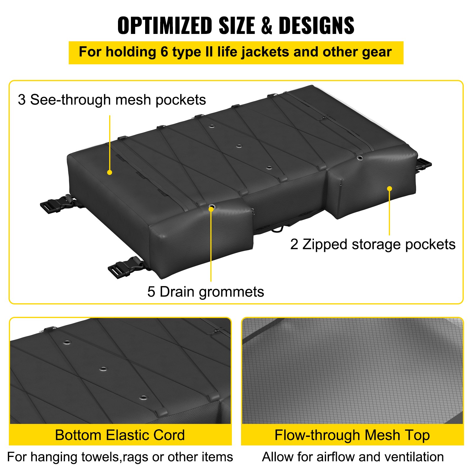 VEVOR T-Top Storage Bag, for 6 Type II Life Jackets, w/ a Boat Trash ...