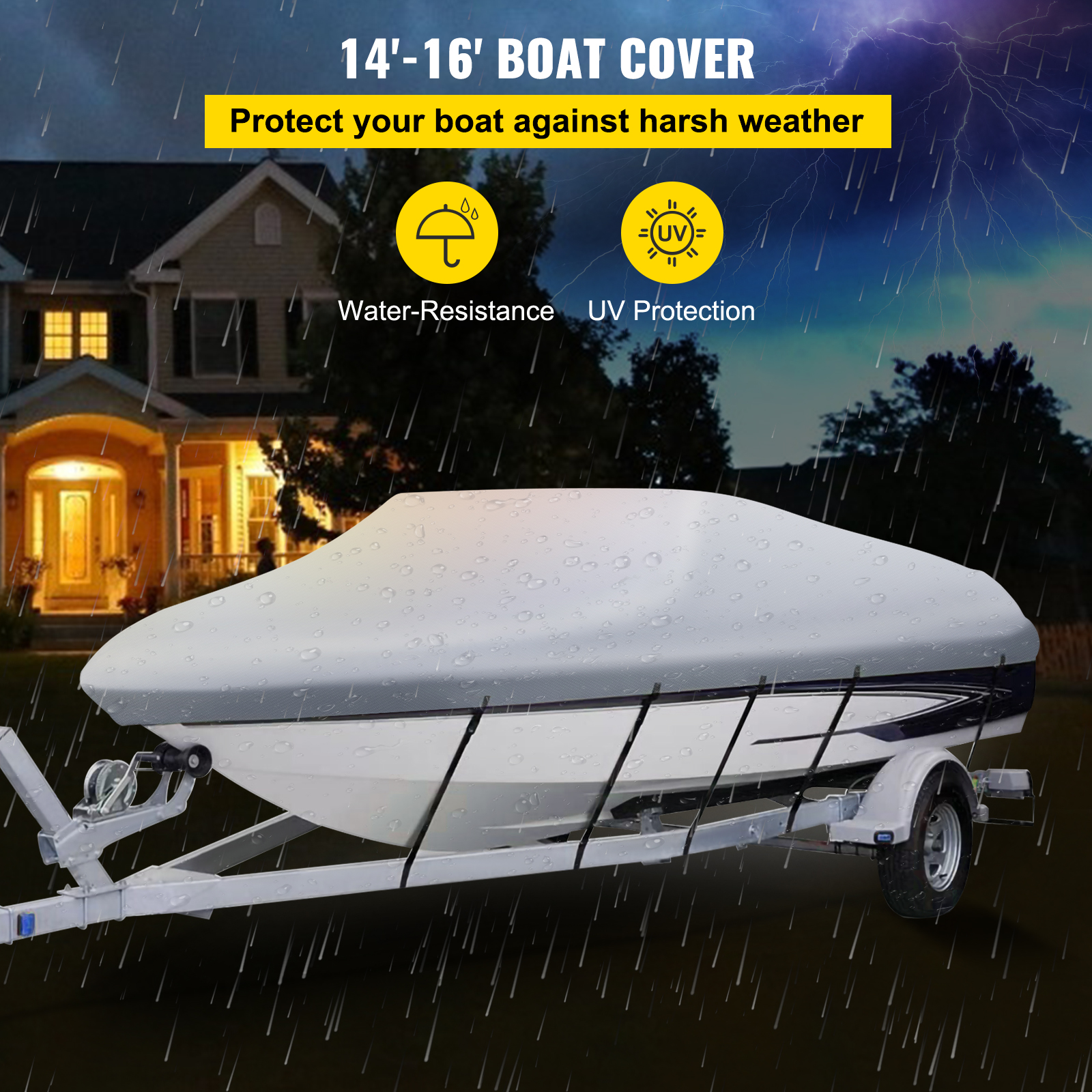 VEVOR Waterproof Boat Cover, 14'-16' Trailerable Boat Cover, Beam Width ...