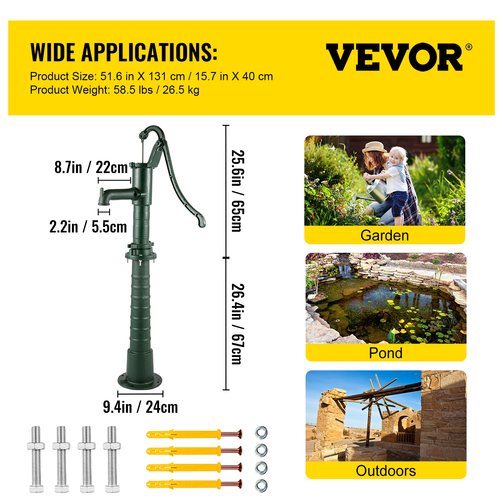 VEVOR Hand Water Pump w/Stand, 15.7 x 9.4 x 51.6 inch Pitcher Pump& 26 ...