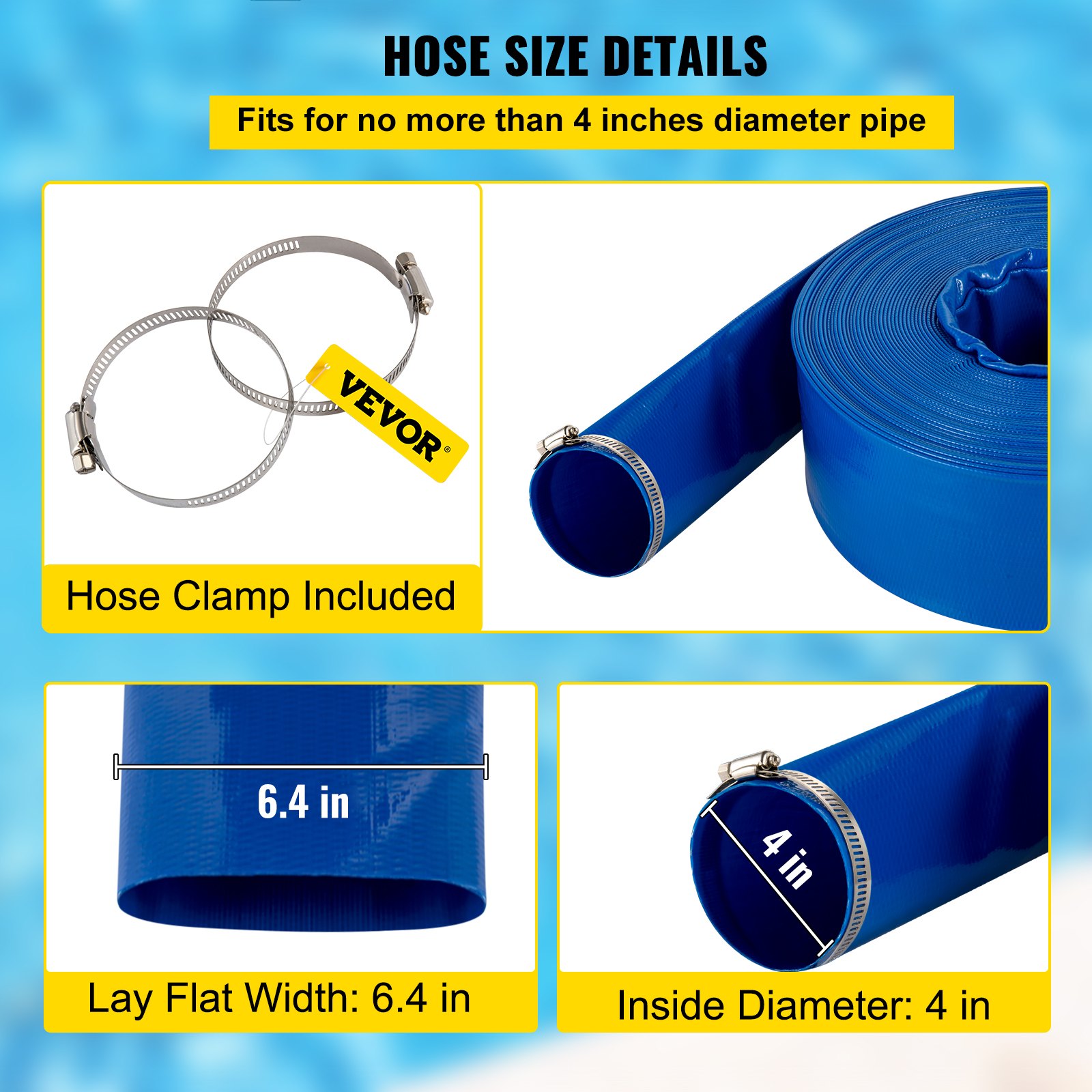 VEVOR Discharge Hose Lay Flat Hose 4" x 105' PVC Backwash Drain Hose w ...