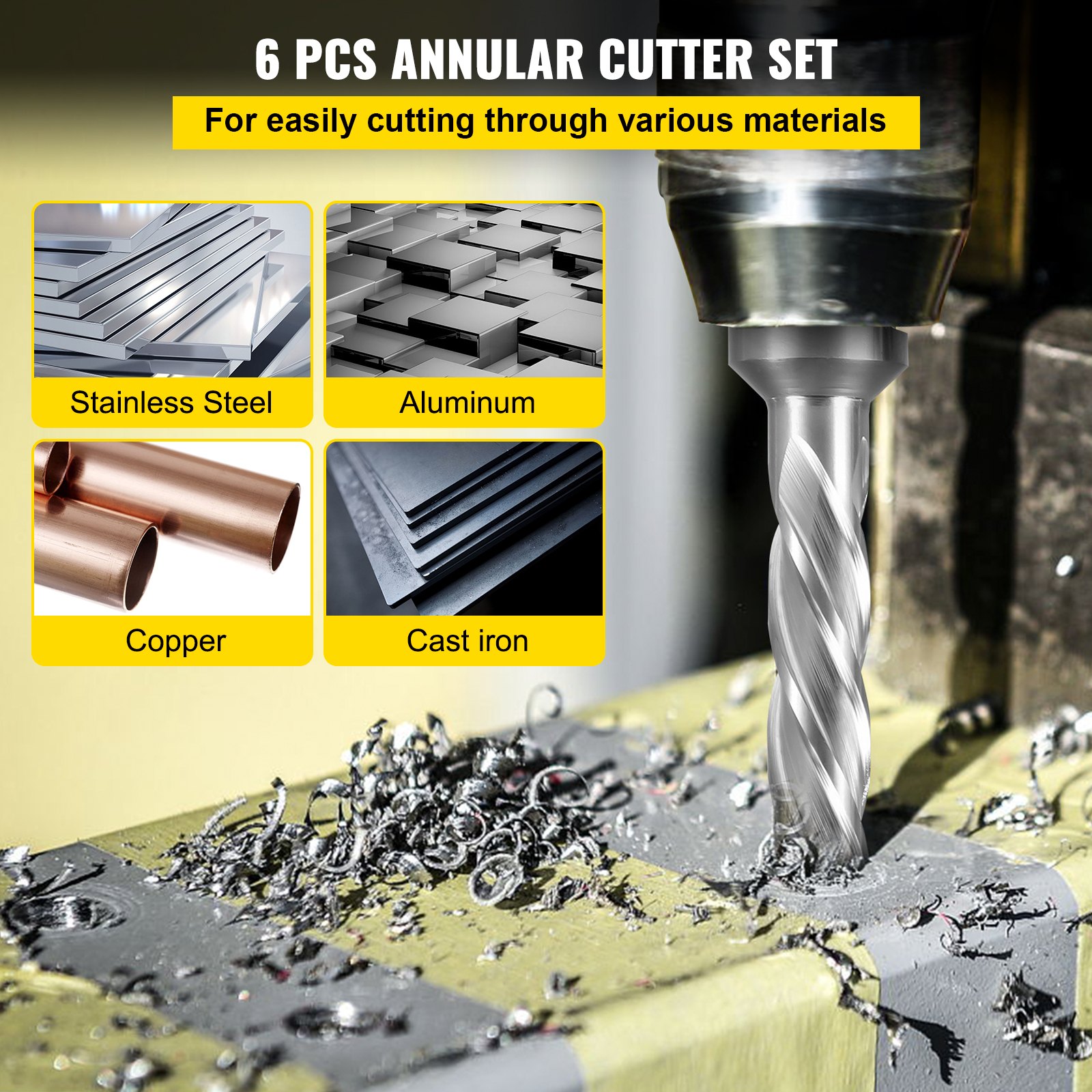 VEVOR Annular Cutter Set, 6 pcs 3/4" Weldon Shank, 2" Cutting Depth and ...