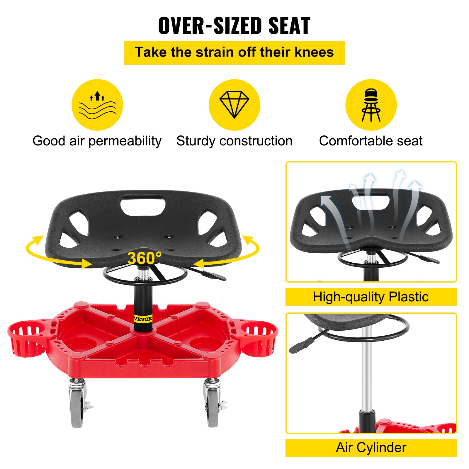 VEVOR Shop Stool Mechanics Rolling Seat 4" Wheels Adjustable Height ...