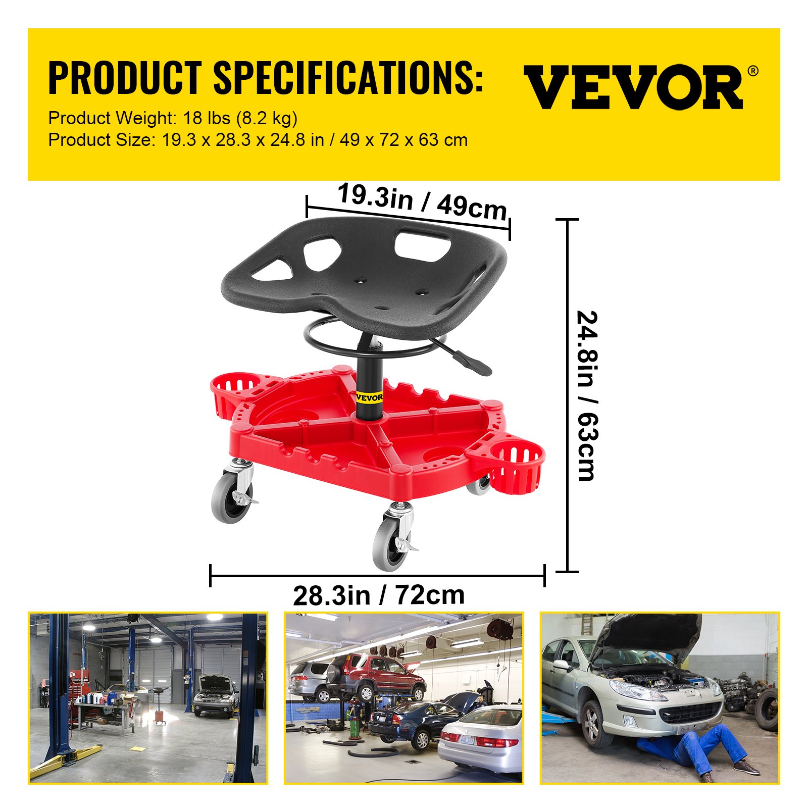 VEVOR Shop Stool Mechanics Rolling Seat 4" Wheels Adjustable Height ...