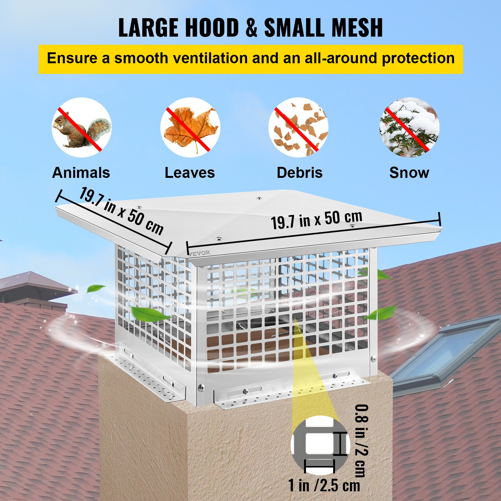 VEVOR Chimney Cap, 13" x 13" Flue Caps, 304 Stainless Steel Fireplace ...