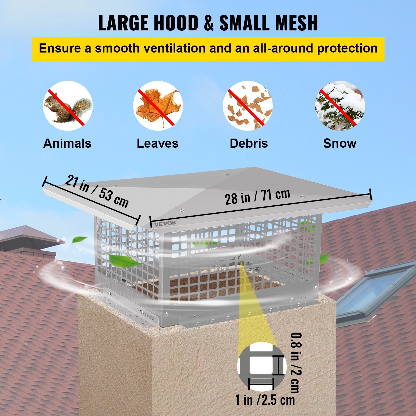 VEVOR Chimney Cap, 13" x 24" Flue Caps, 304 Stainless Steel Fireplace ...