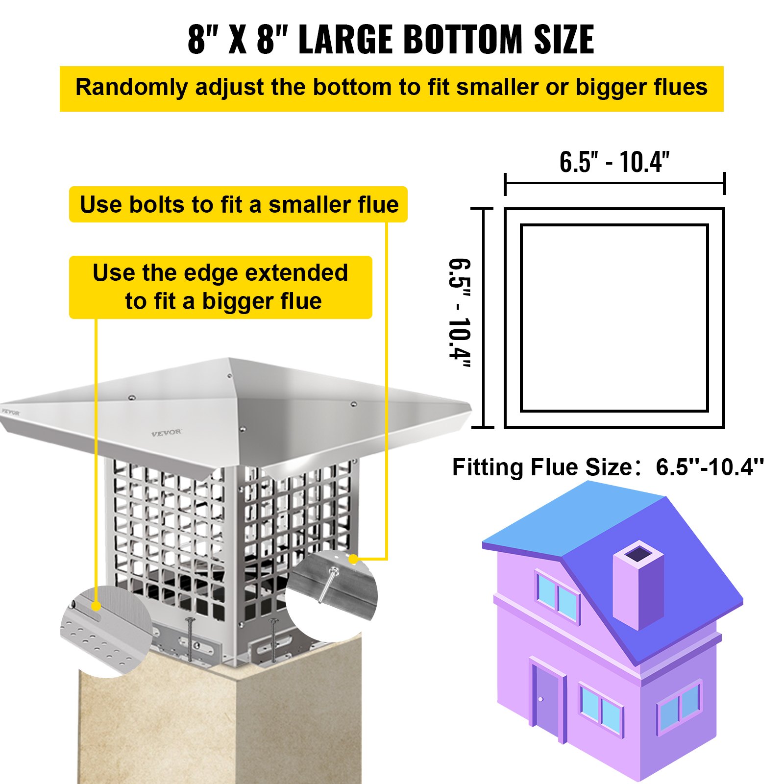 VEVOR Chimney Cap, 8" x 8" Flue Caps, 304 Stainless Steel Fireplace ...
