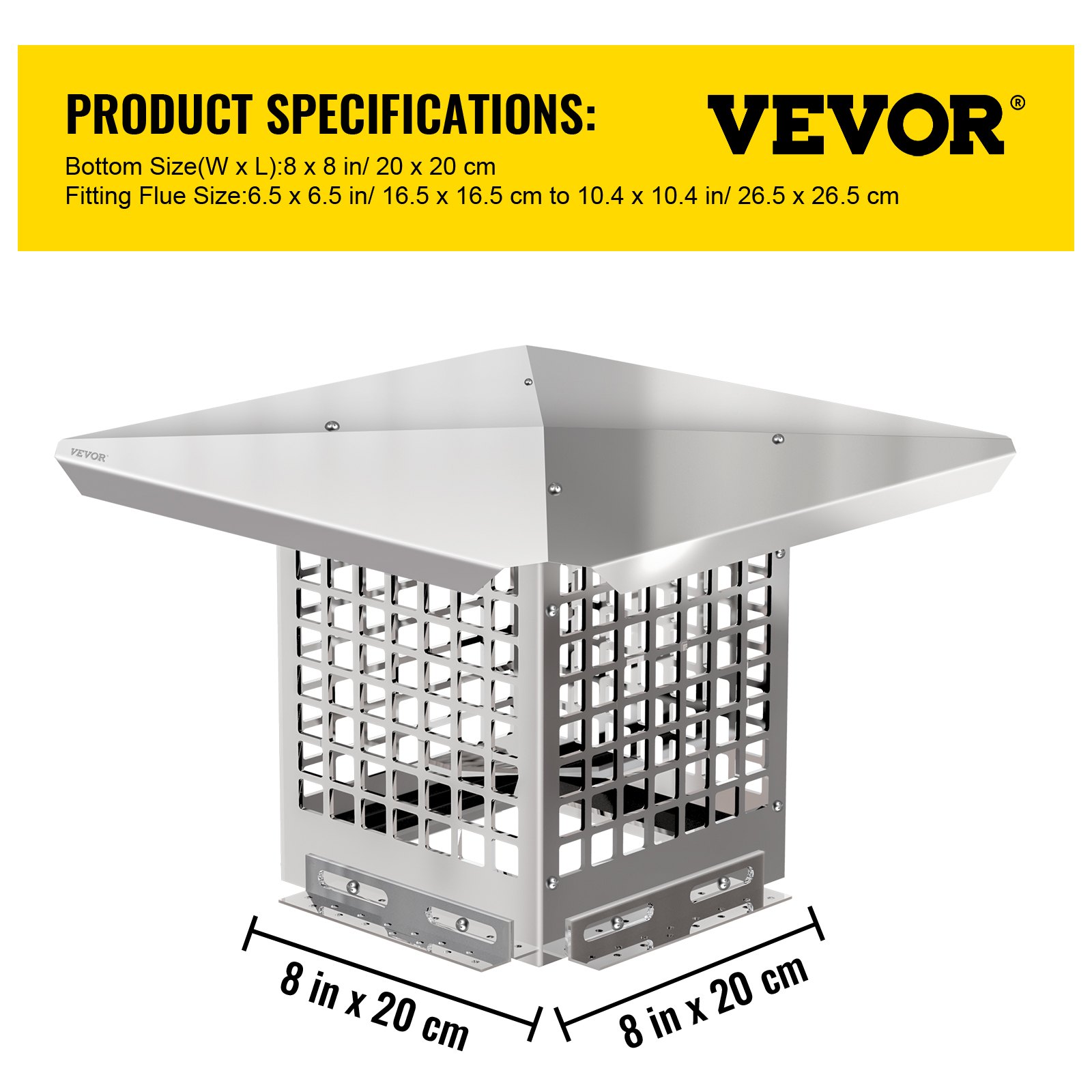 VEVOR Chimney Cap, 8" x 8" Flue Caps, 304 Stainless Steel Fireplace ...