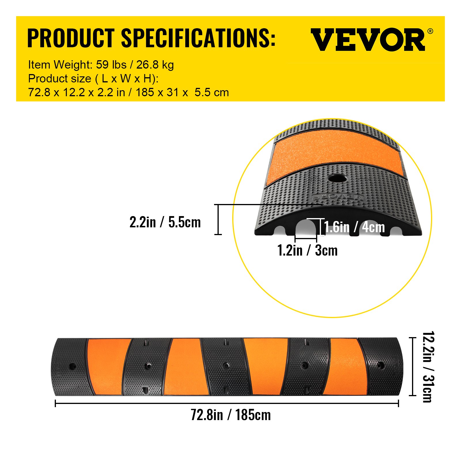 VEVOR Rubber Speed Bump, 2 Pack 2 Channel Speed Bump Hump, 72.8" Long ...