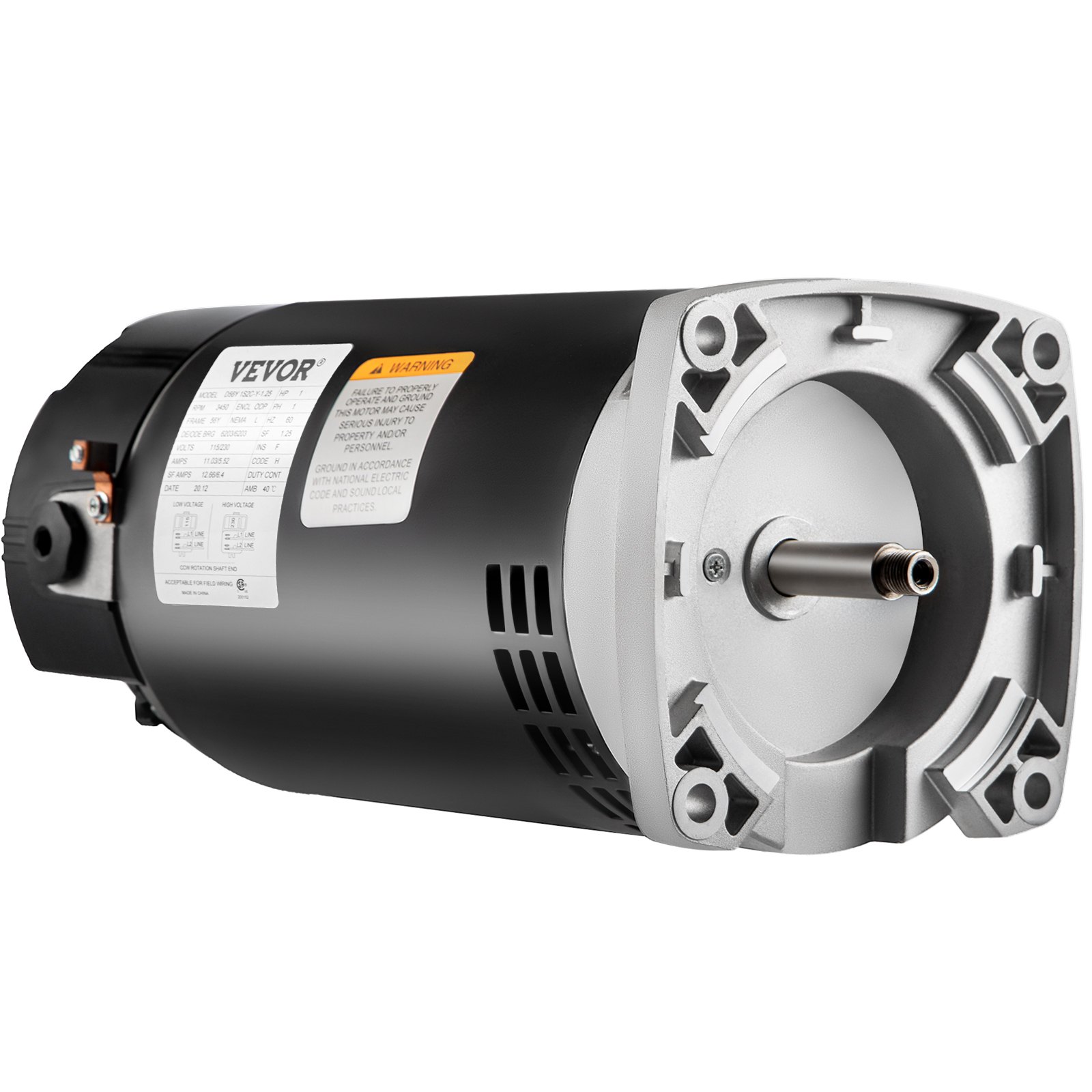 VEVOR Pool Motor,1 HP, 3450 RPM, 230/115 Volts, 6.4/12.66 Amps, 1 Speed ...