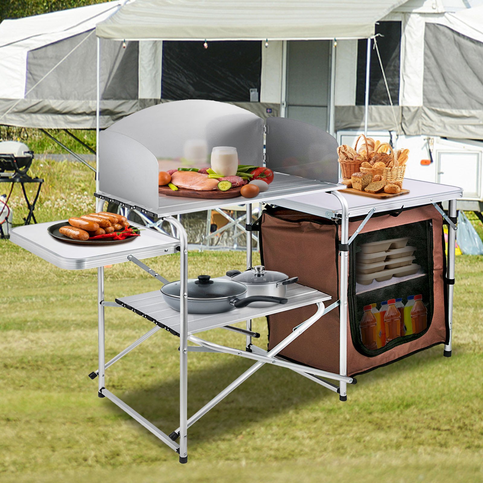Camping Kitchen Table Picnic Cabinet Folding Cooking Storage Rack ...