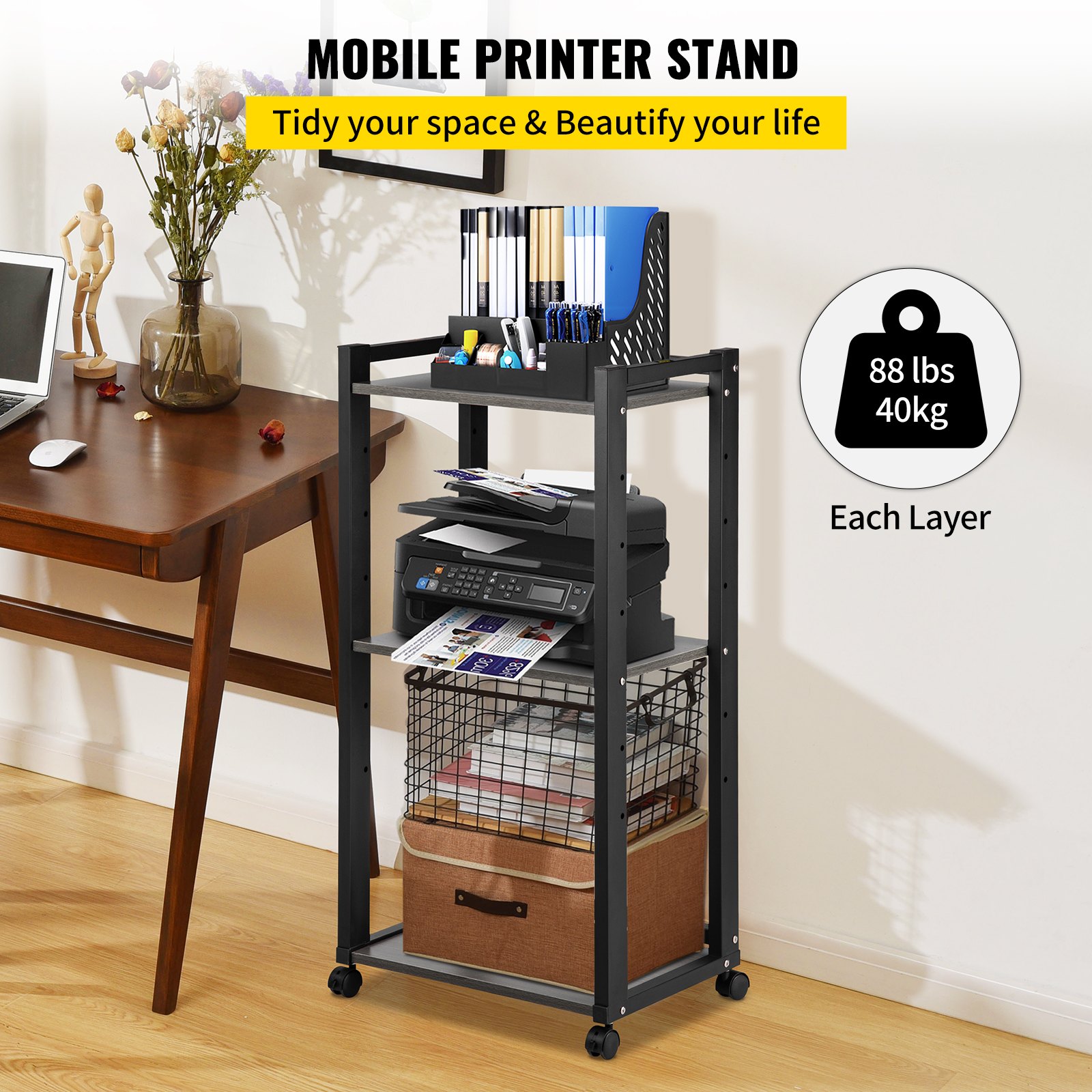 VEVOR Printer Stand, 3-Tier Rolling Printer Cart, Adjustable Storage ...