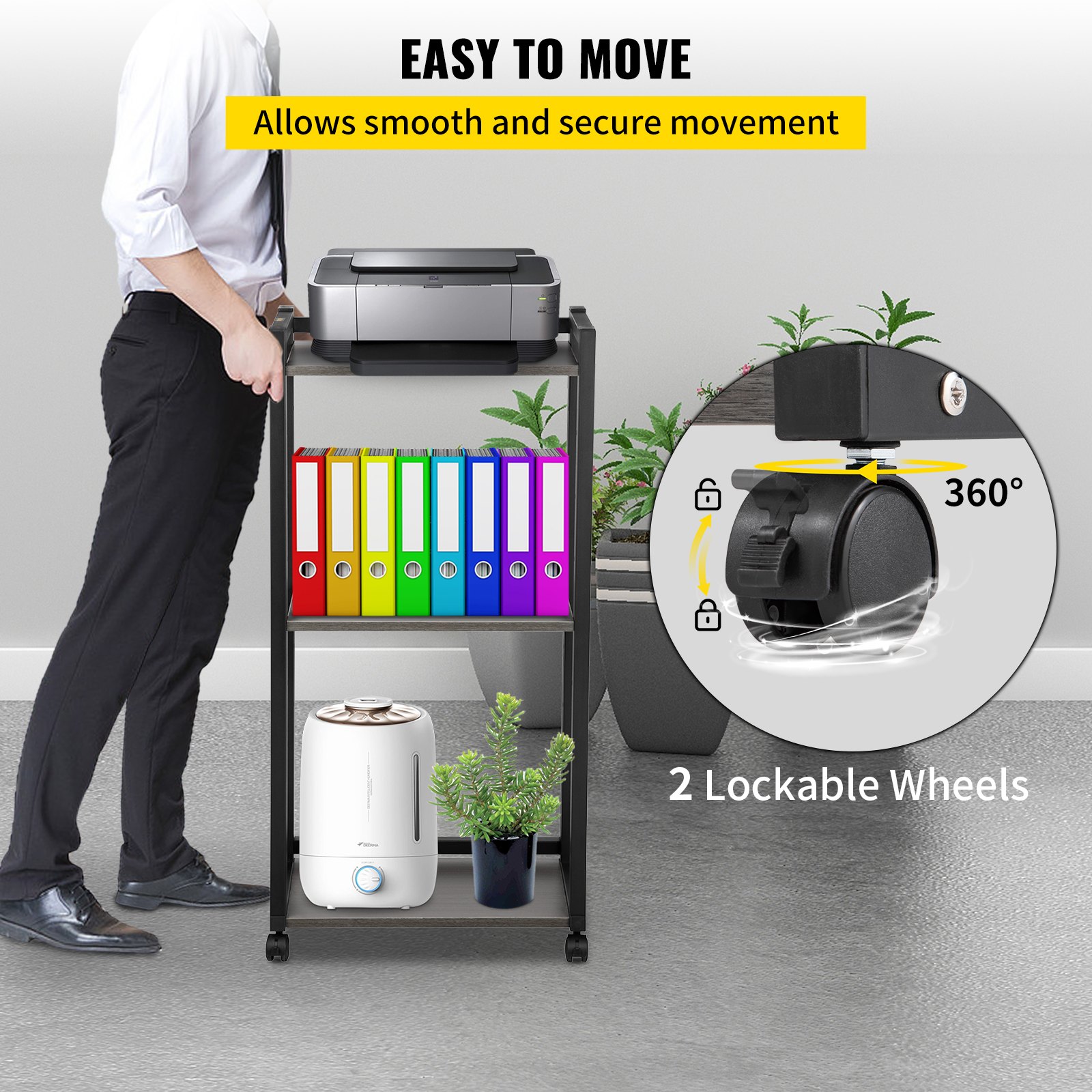 VEVOR Printer Stand, 3-Tier Rolling Printer Cart, Adjustable Storage ...