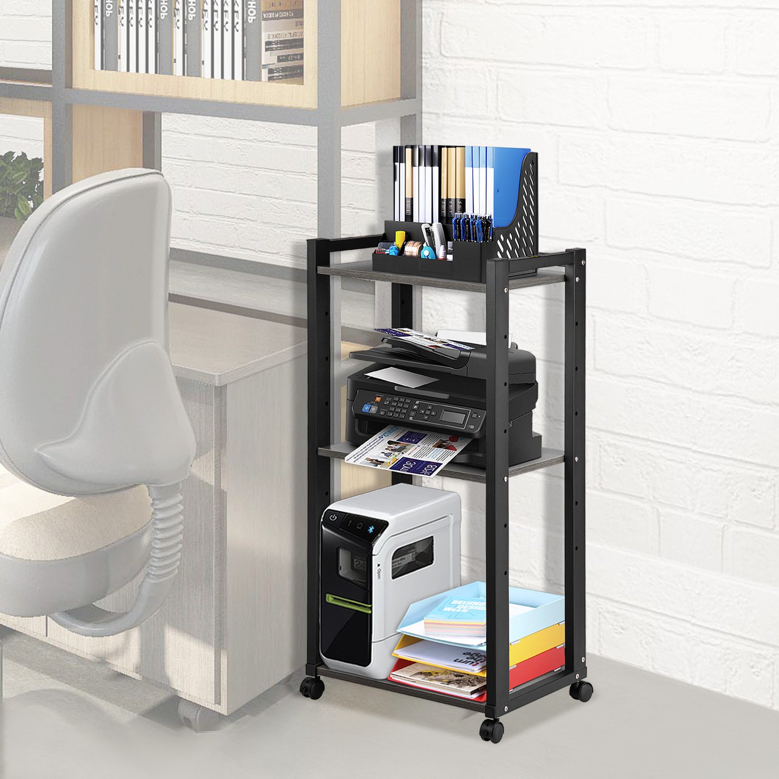 VEVOR Printer Stand, 3-Tier Rolling Printer Cart, Adjustable Storage ...