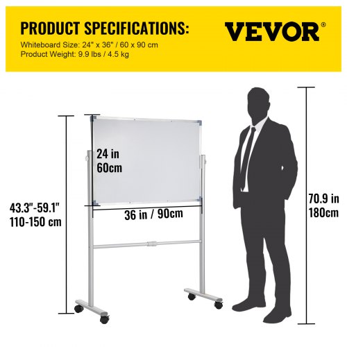 VEVOR Mobile Magnetic Whiteboard, 36 x 24 Inch, Double Sided, 360 ...