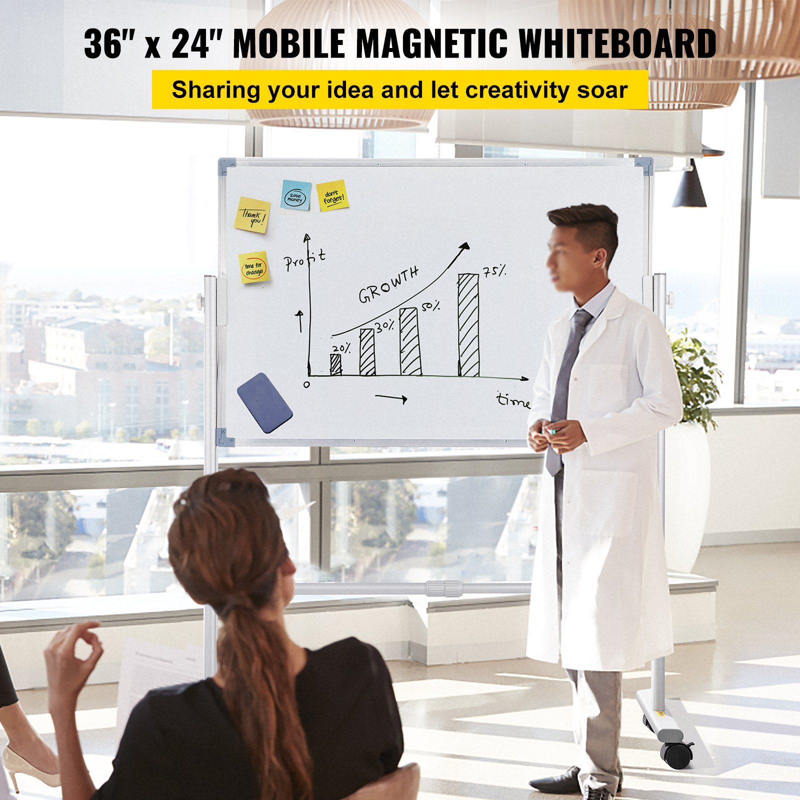 VEVOR Mobile Magnetic Whiteboard, 36 x 24 Inch, Double Sided, 360 ...