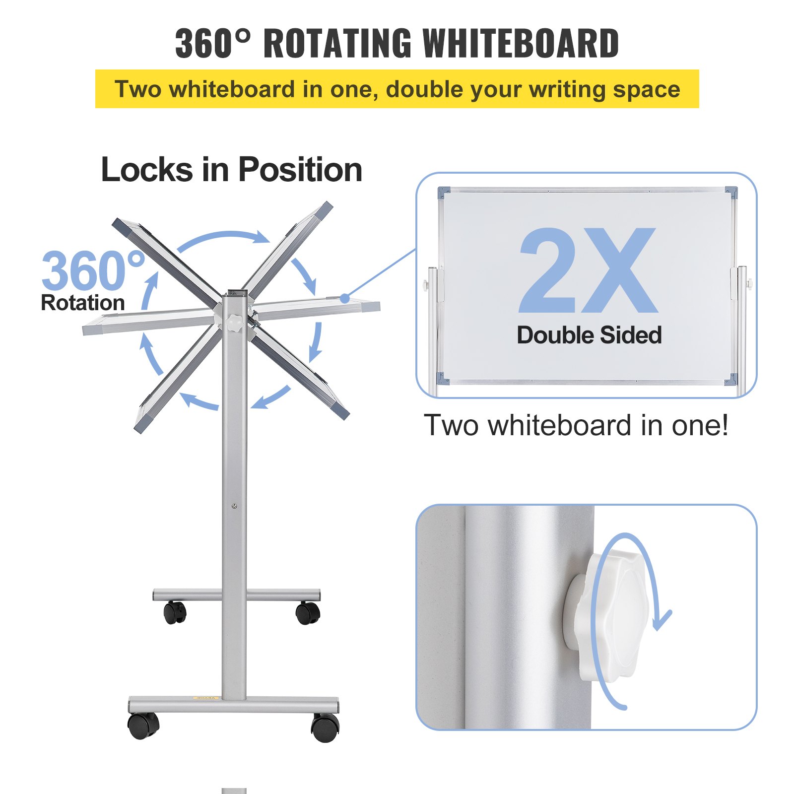 VEVOR Mobile Magnetic Whiteboard, 36 x 24 Inch, Double Sided, 360 ...