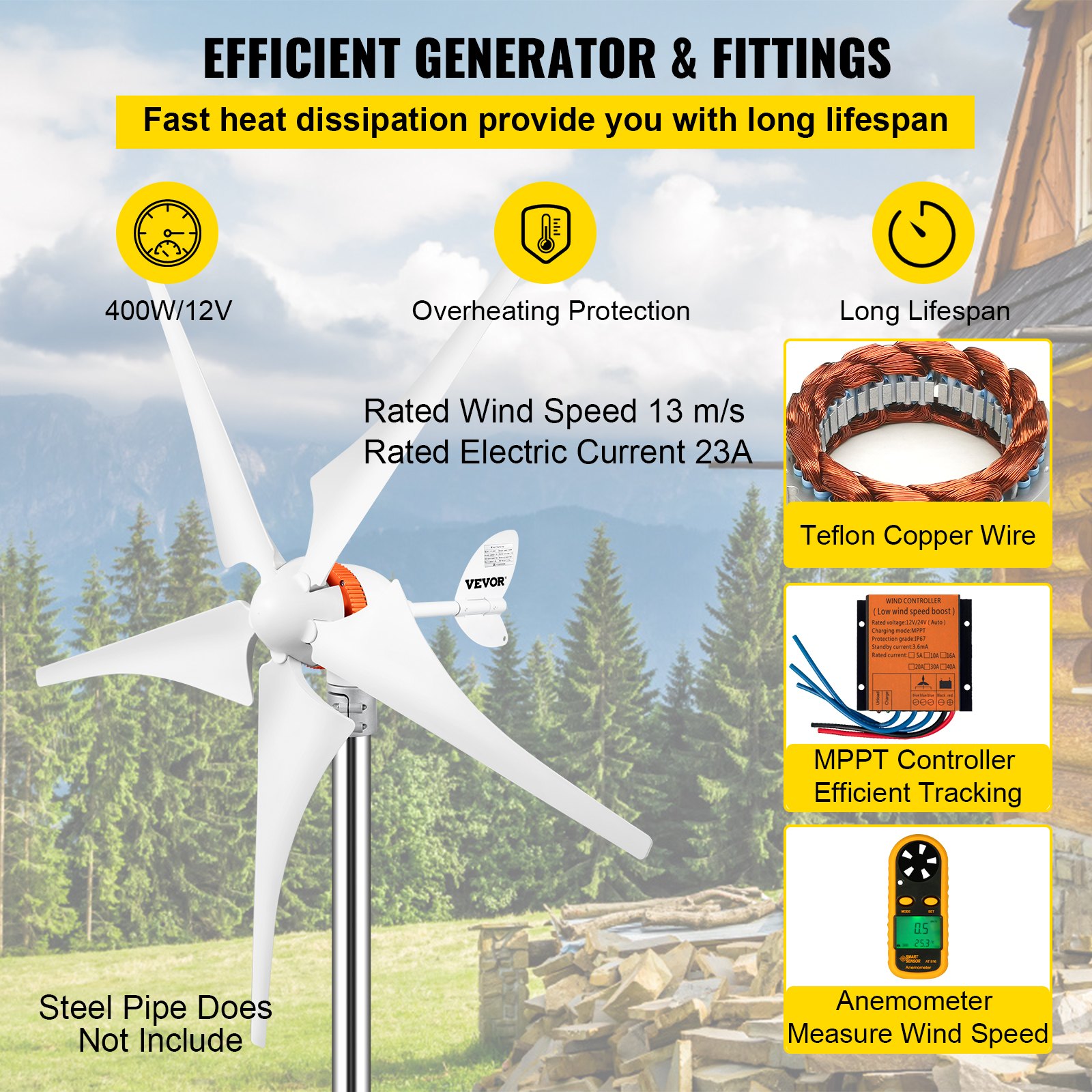 VEVOR Wind Turbine Generator 12V Wind Generator 400W w/MPPT&Anemometer ...