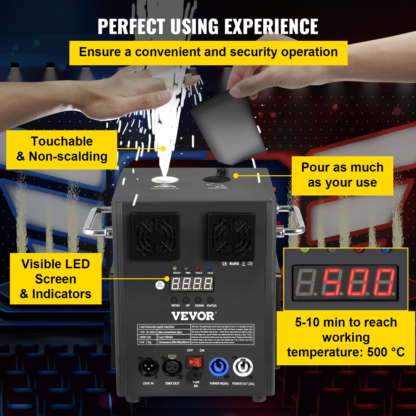 VEVOR Mini Cold Spark Machine DMX Stage Firework Machine 500W 4pcs 5-8 ...