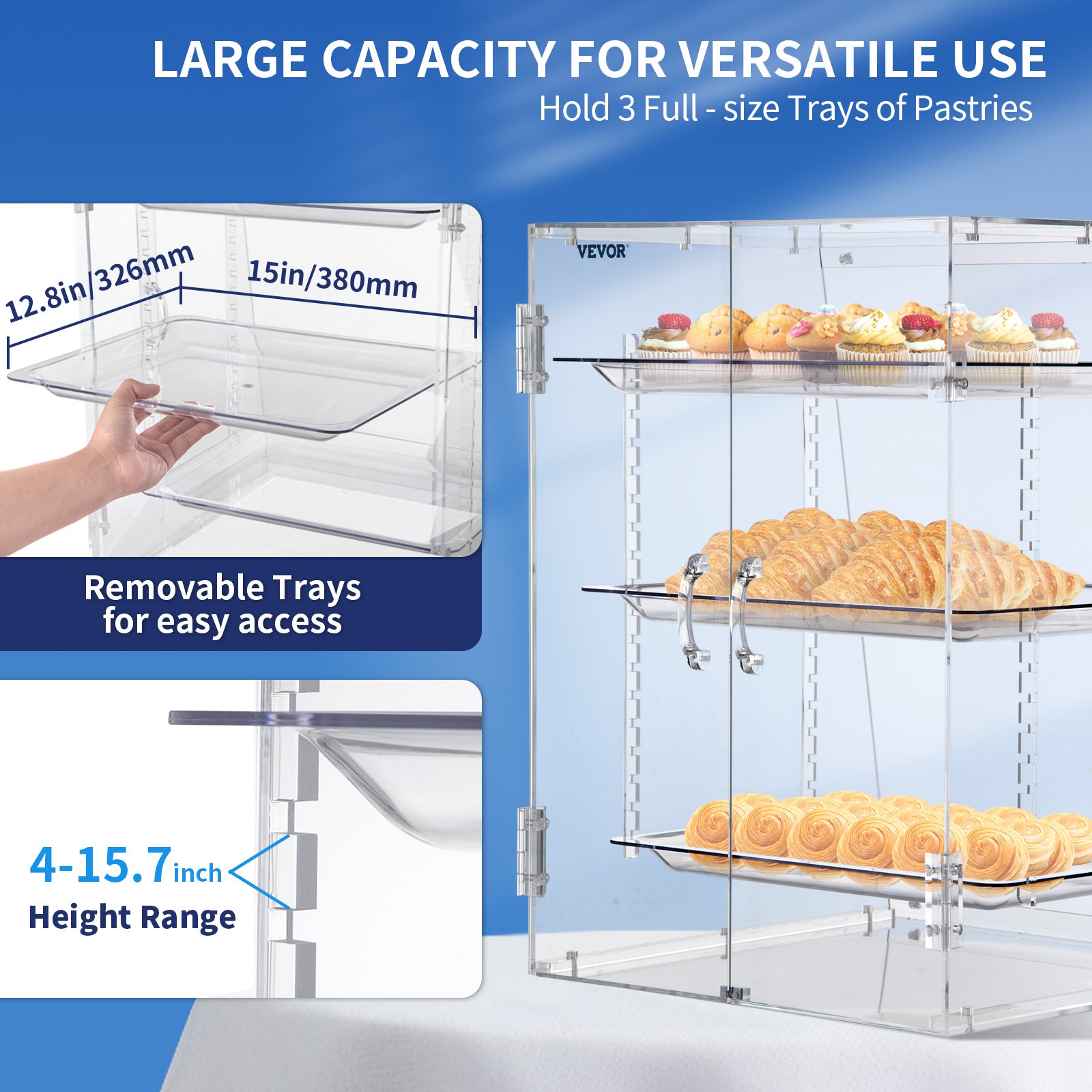 VEVOR Pastry Display Case 3-Tier Removable Shelves Acrylic Donut Bakery ...