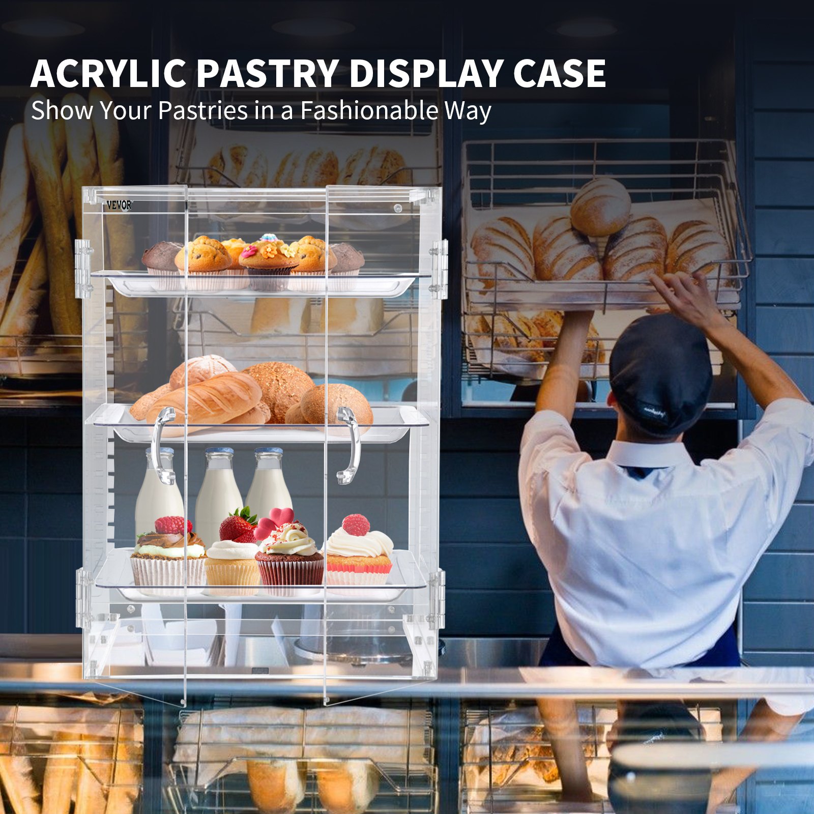 VEVOR Pastry Display Case, 3-Tier Removable Shelves Bakery Display Case ...