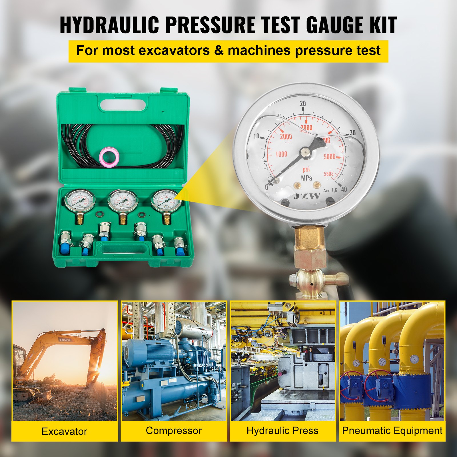 Hydraulic Pressure Gauge Test Kit for Excavator Machinery 8600PSI ...