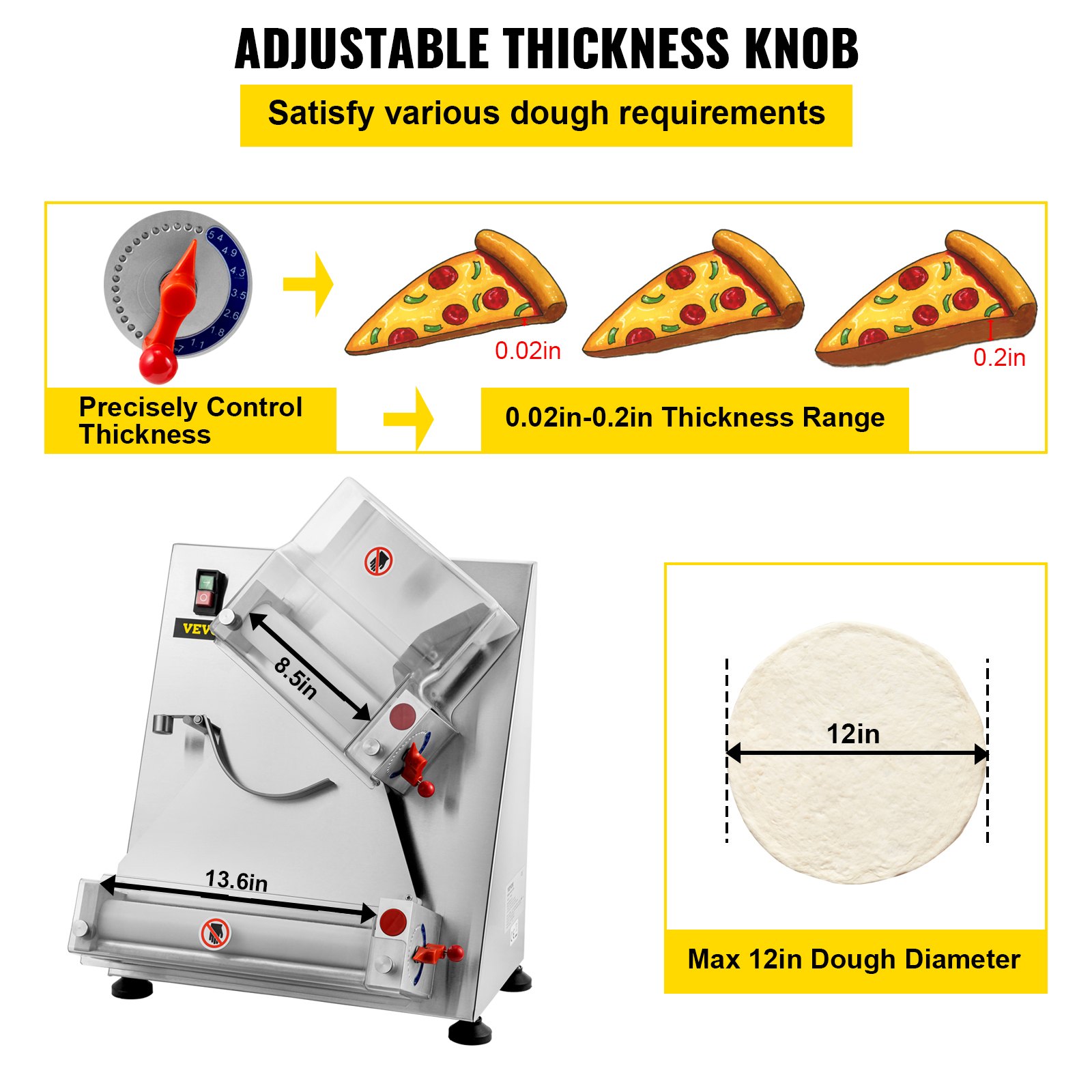 VEVOR Pizza Dough Roller Sheeter, Max 12" Automatic Commercial Dough ...