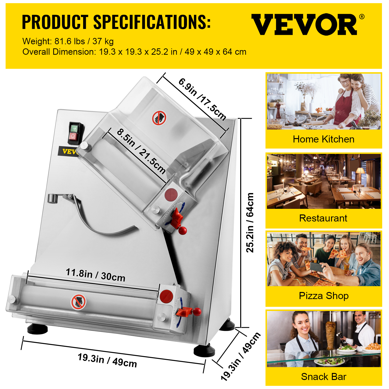 VEVOR Pizza Dough Roller Sheeter, Max 12" Automatic Commercial Dough ...