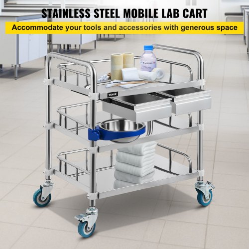 VEVOR Lab Cart 3 Layers Cart Double Drawers Stainless Steel Cart 1 ...